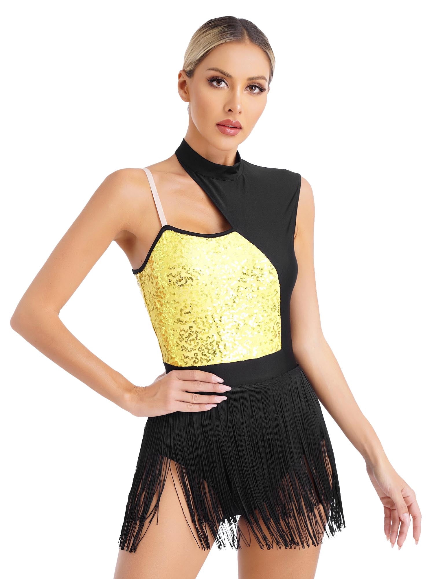 iiniim Women Jazz Dance Leotard Sleeveless Patchwork Tassel Fringed Hem ...