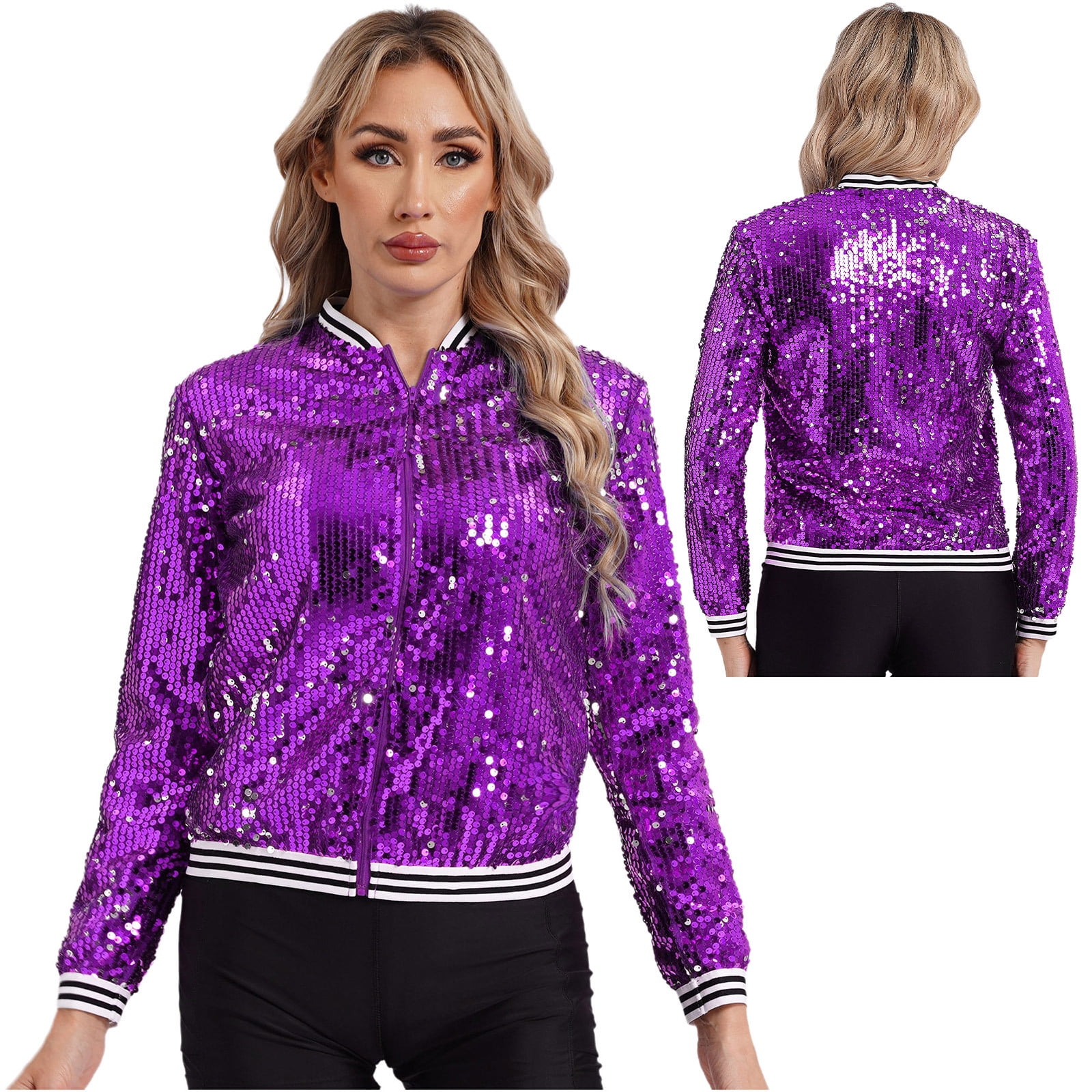 iiniim Women Sequin Jackets Flip Glitter Varsity Bomber Sparkly Coat Party Outwear Ladies Shiny ...