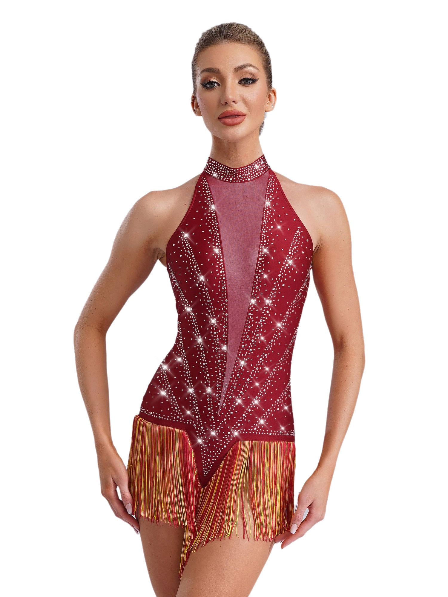 iiniim Women Shiny Latin Dance Leotard Fringe Salsa Tango Flapper Dress ...