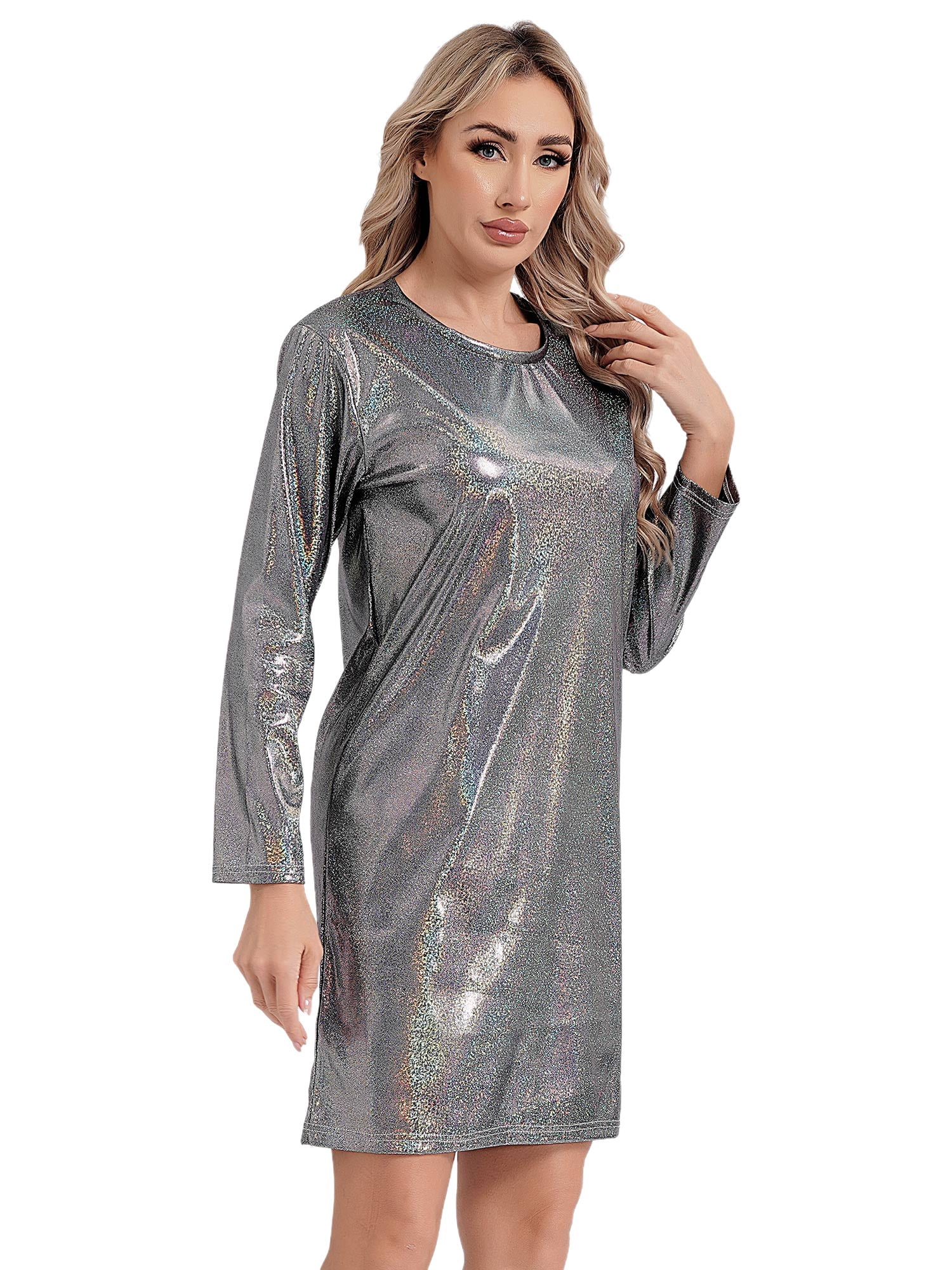iiniim Women Shiny Metallic Long Sleeves T-shirt Dress Loose Fit ...