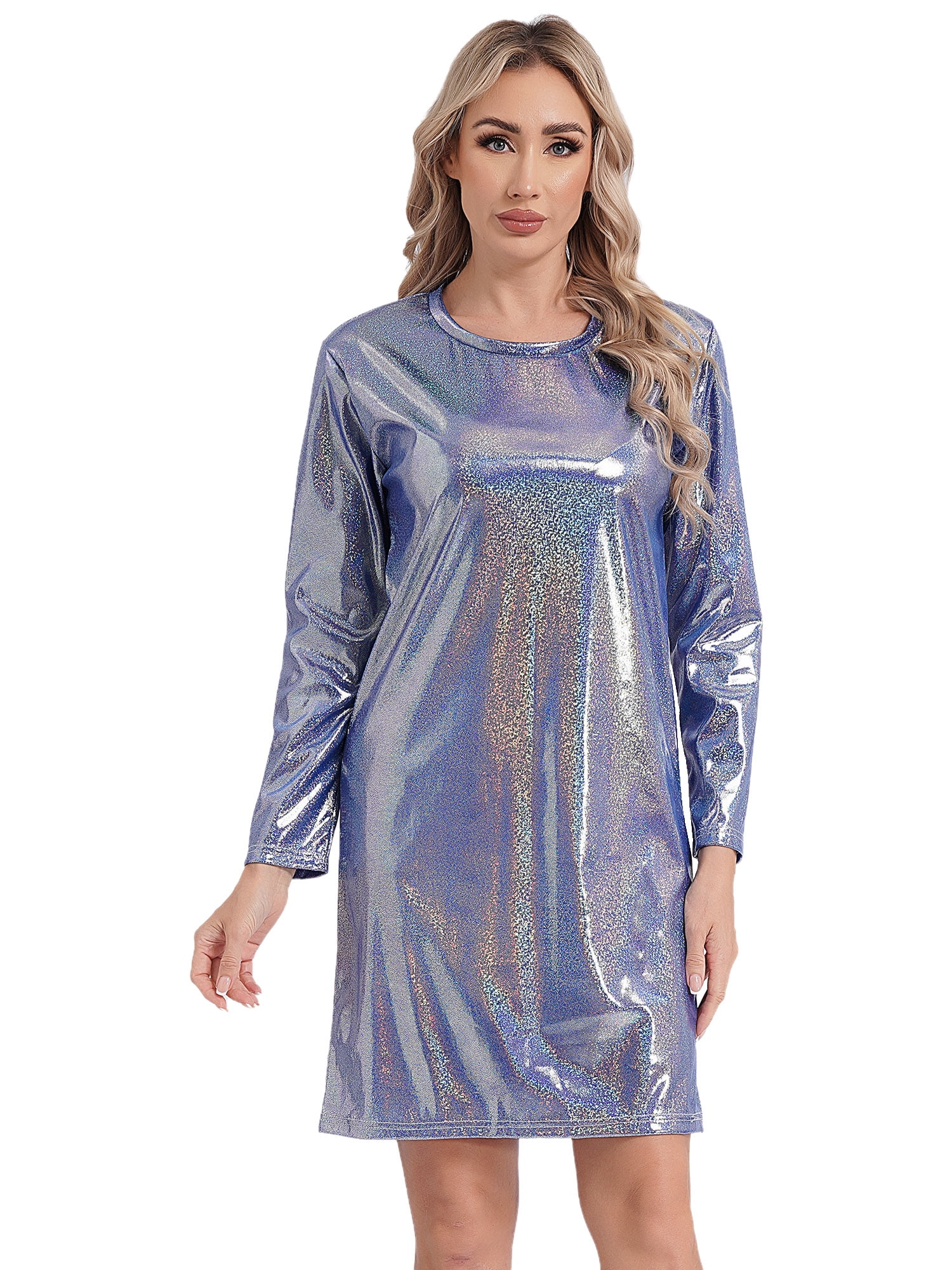 iiniim Women Shiny Metallic Long Sleeves T-shirt Dress Loose Fit ...