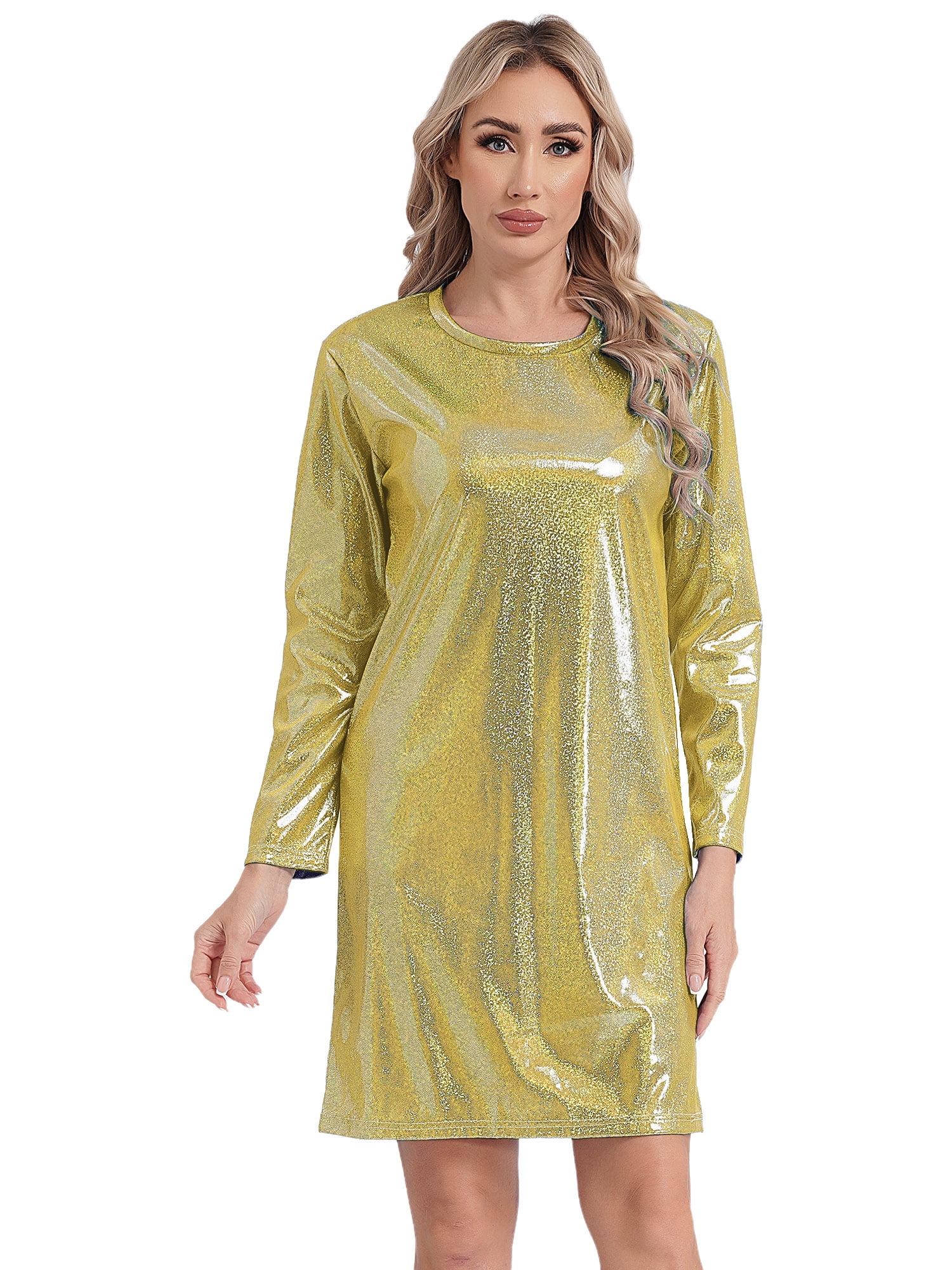 iiniim Women Shiny Metallic Long Sleeves T-shirt Dress Loose Fit ...