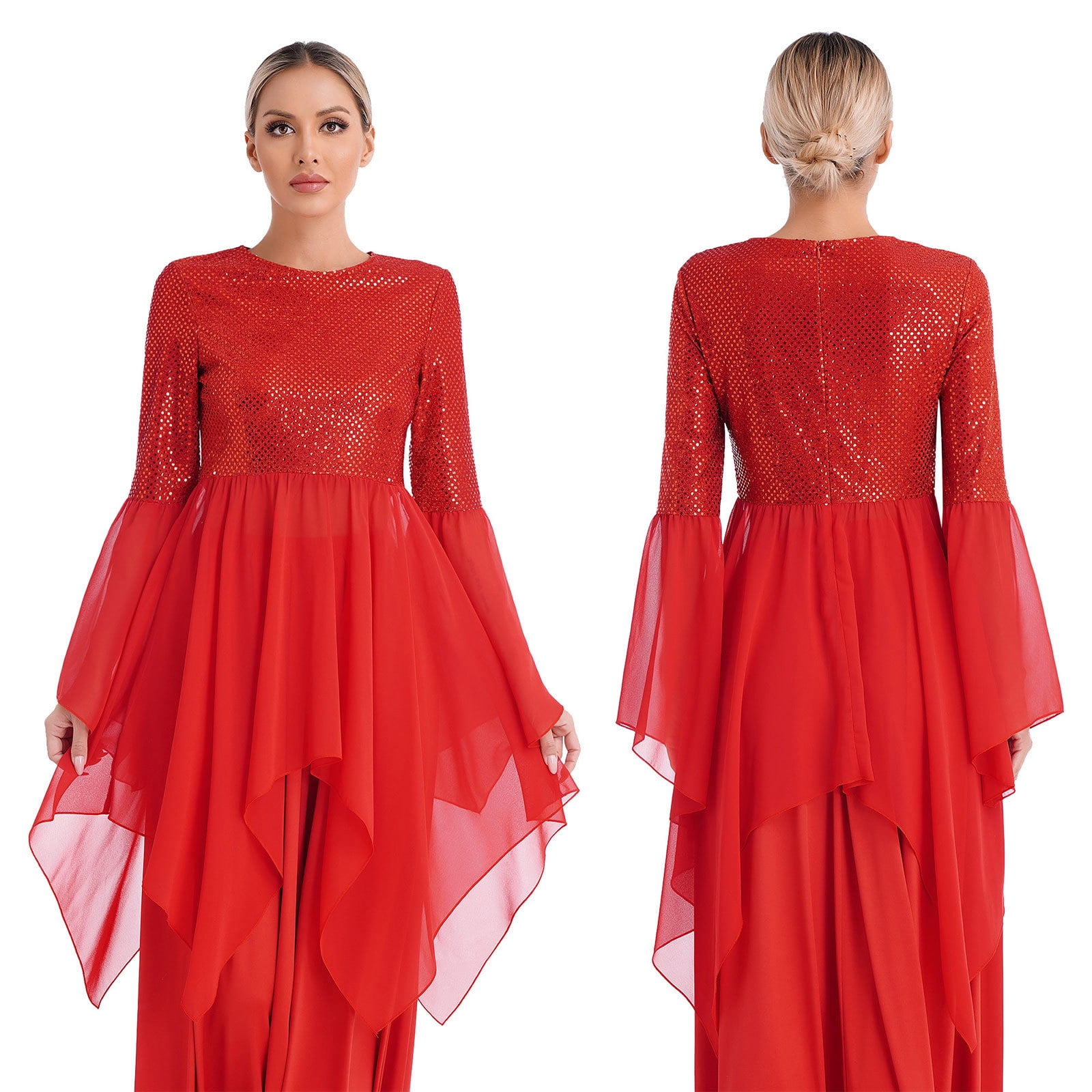 iiniim Women Shiny Sequins Patchwork High Low Praise Dance Dress ...