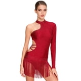 iiniim Women's Latin Dance Dress Single Long Sleeve Backless Rhinestone ...