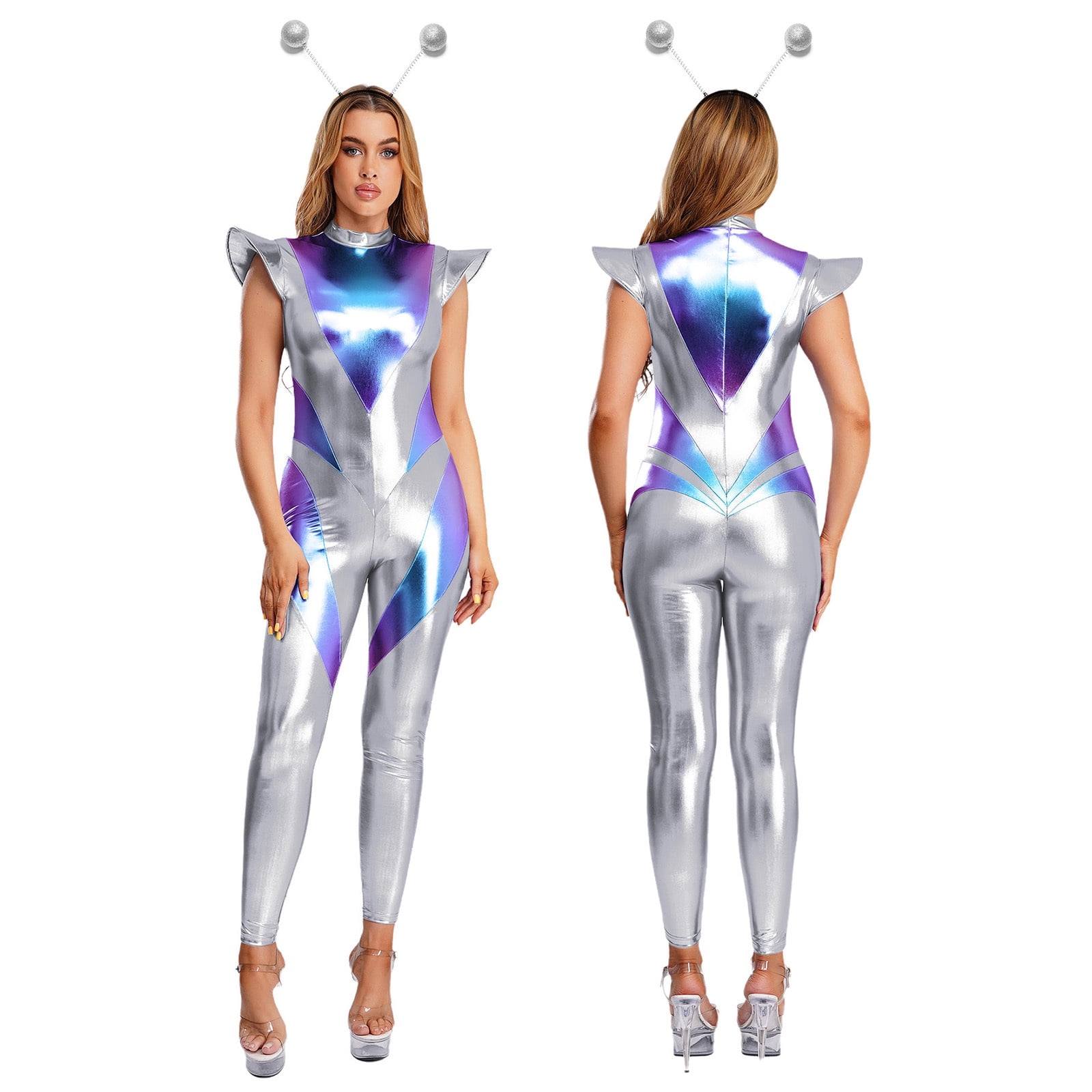 iiniim Women's Metallic Alien Unitard Set Fly Sleeve Leggings Jumpsuit ...