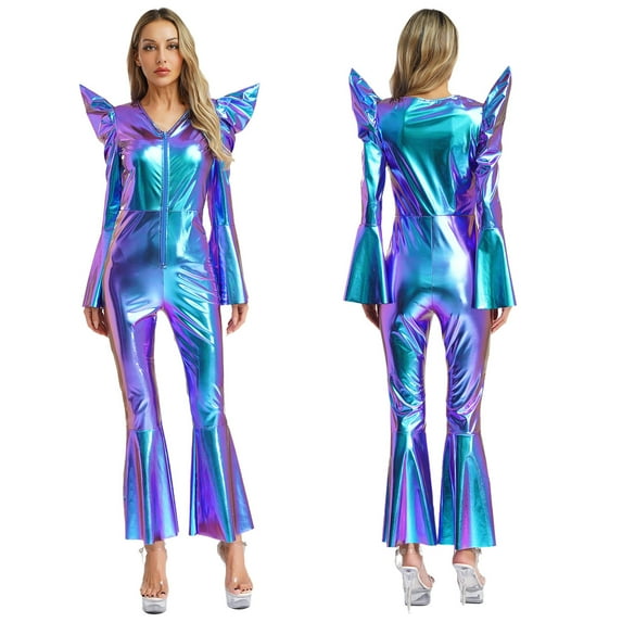iiniim Women's Shiny Metallic Disco Jumpsuit Long Sleeve High Waist ...