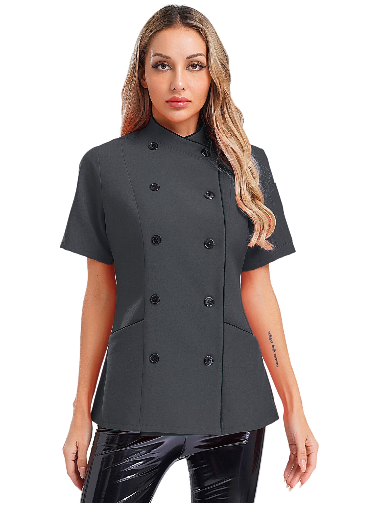 iiniim Chef Jacket for Women Solid Color Short Sleeve Chef Coat ...