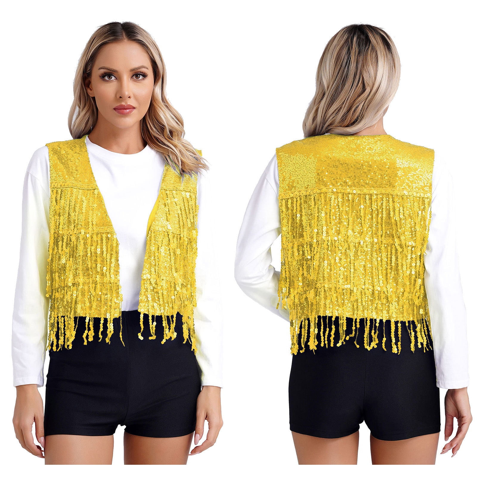 iiniim Women's Sparkly Tassel Vest Open Front Sleeveless Sparkle ...