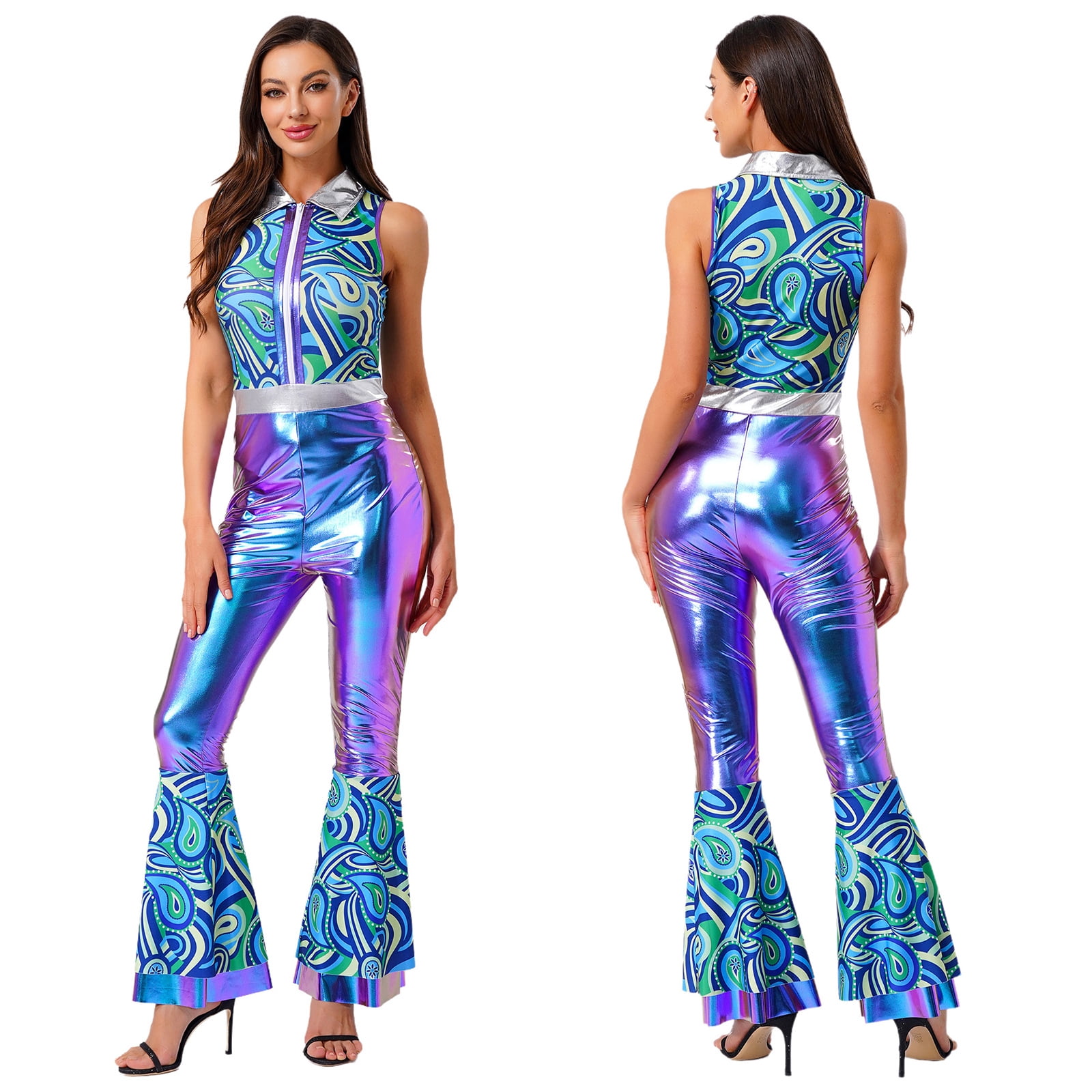 iiniim Womens 70s Disco Dance Shiny Metallic Flared Pants Romper for ...