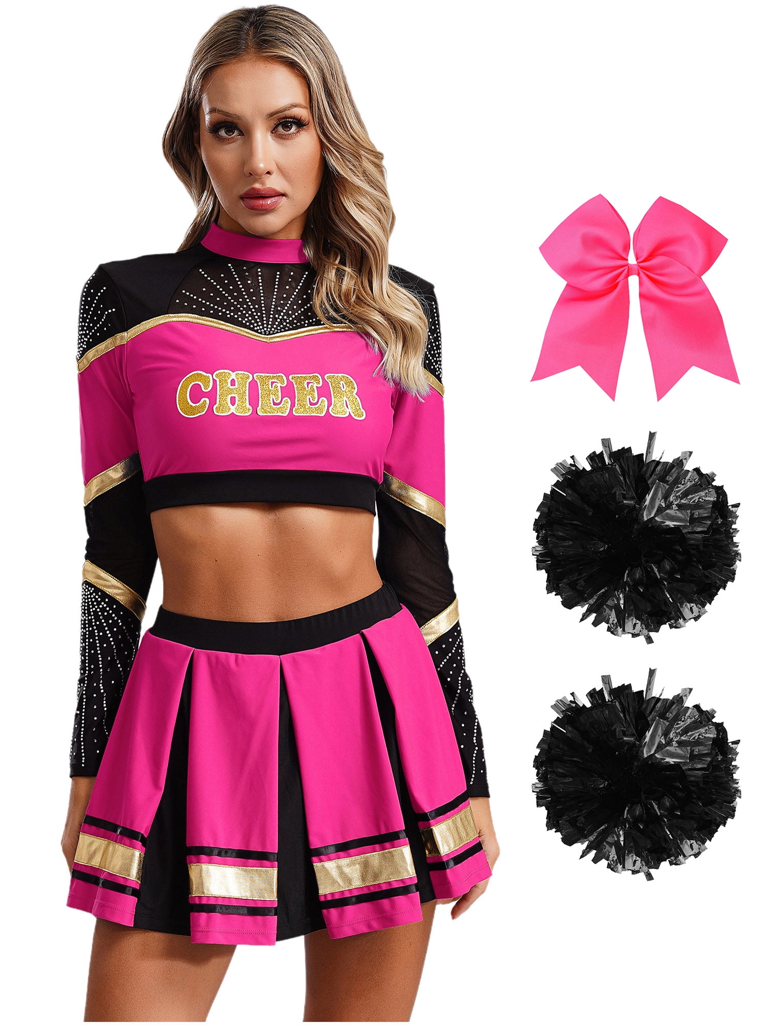 iiniim Womens Cheerleading Costume Long Sleeve Crop Top with Mini ...