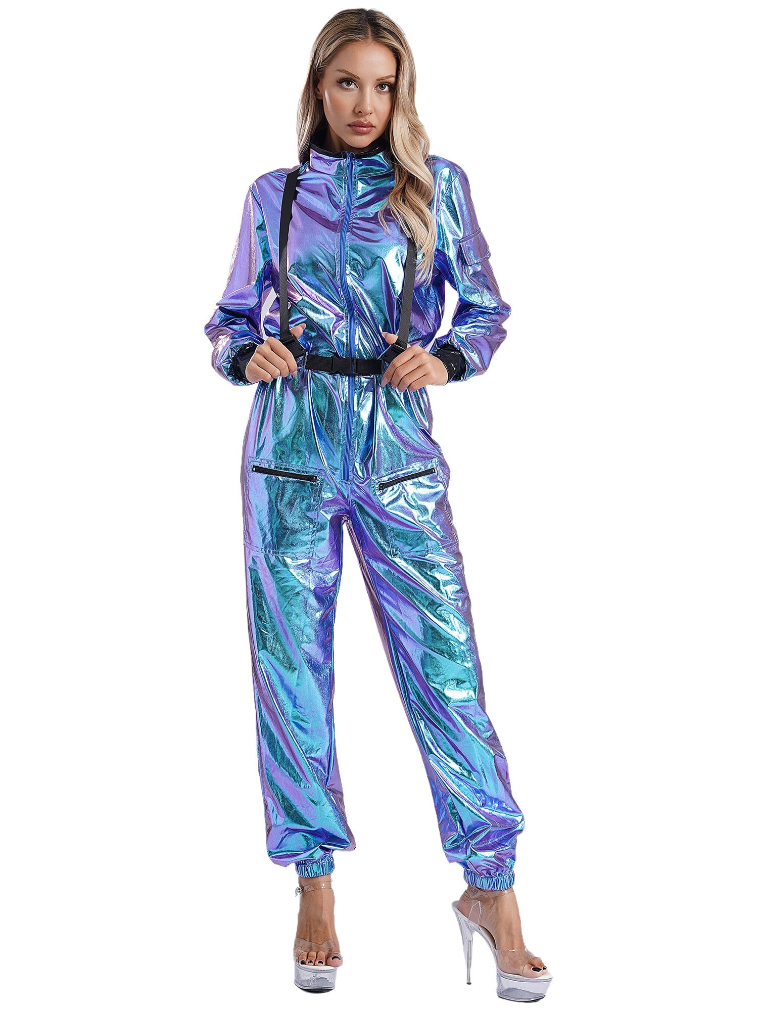 iiniim Womens Halloween Astronaut Costume One Piece Shiny Metallic ...
