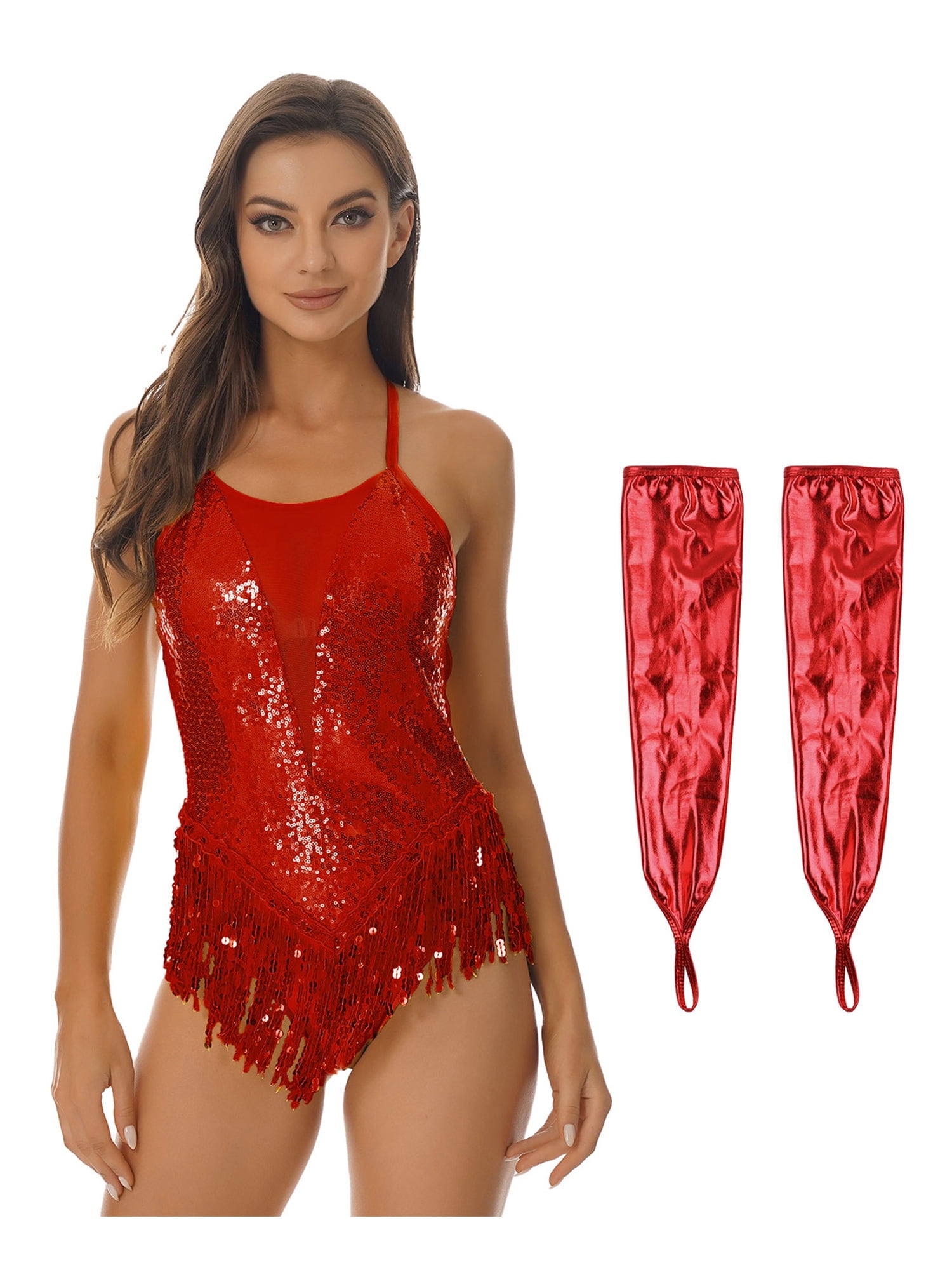 iiniim Womens Latin Dance Sparkly Sequins Leotard with Fringe Modern Jazz Dancewear Red S ...