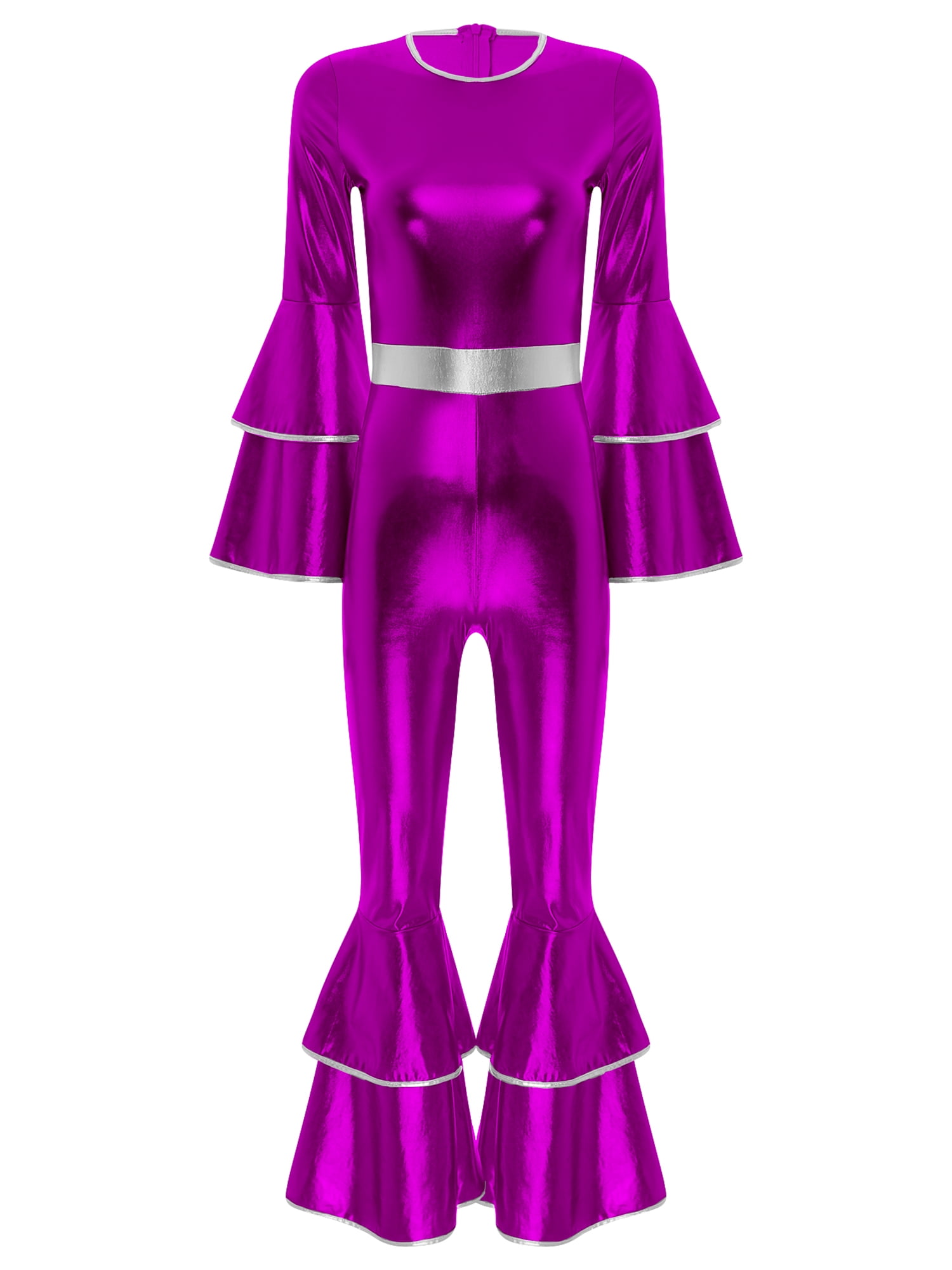 iiniim Womens Shiny Dance Jumpsuit Flare Sleeve Unitard Outfit Disco ...