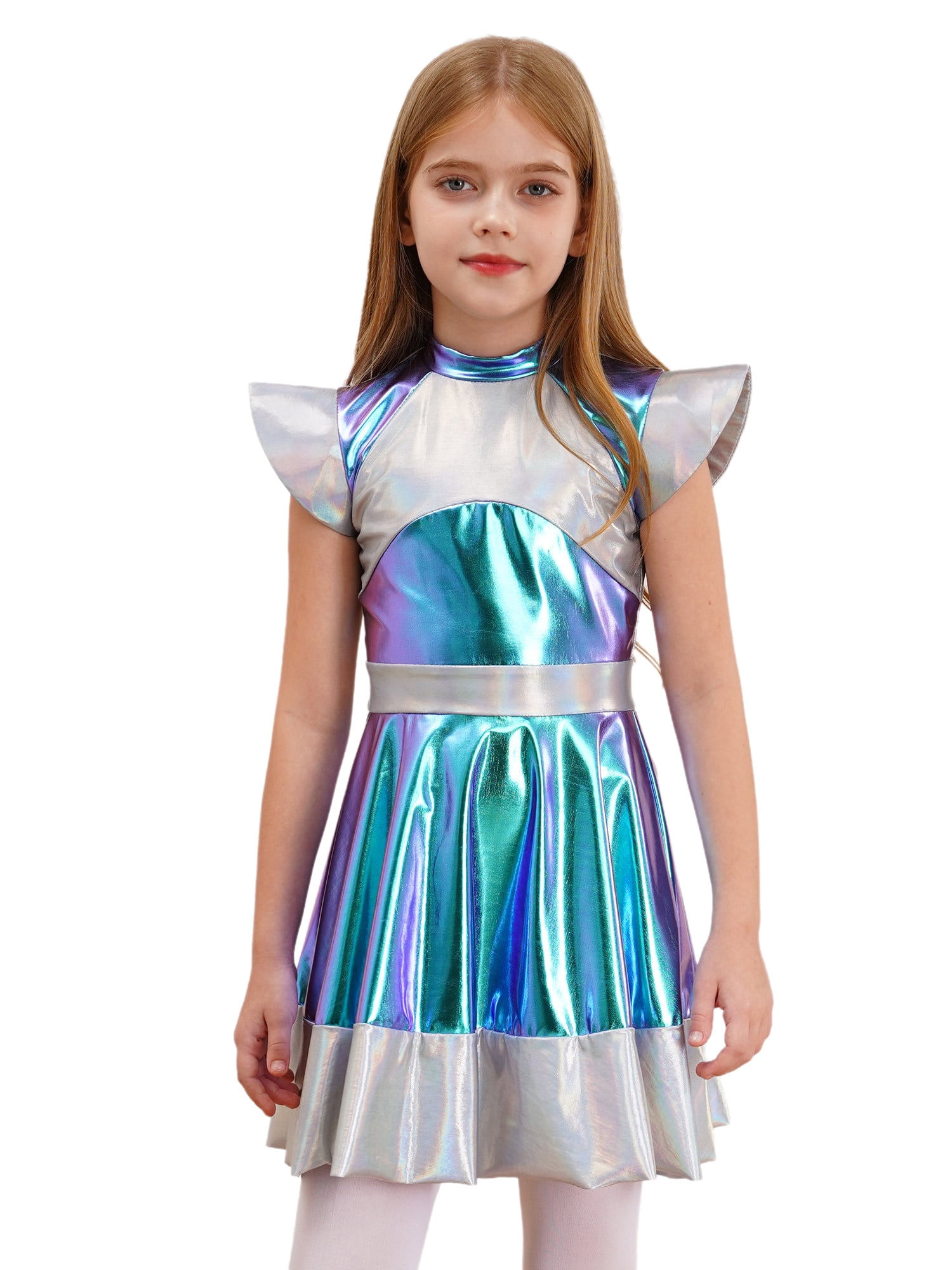 iiniim Kids Girls Alien Cosplay Dress Cap Sleeve Glossy Metallic Dance ...