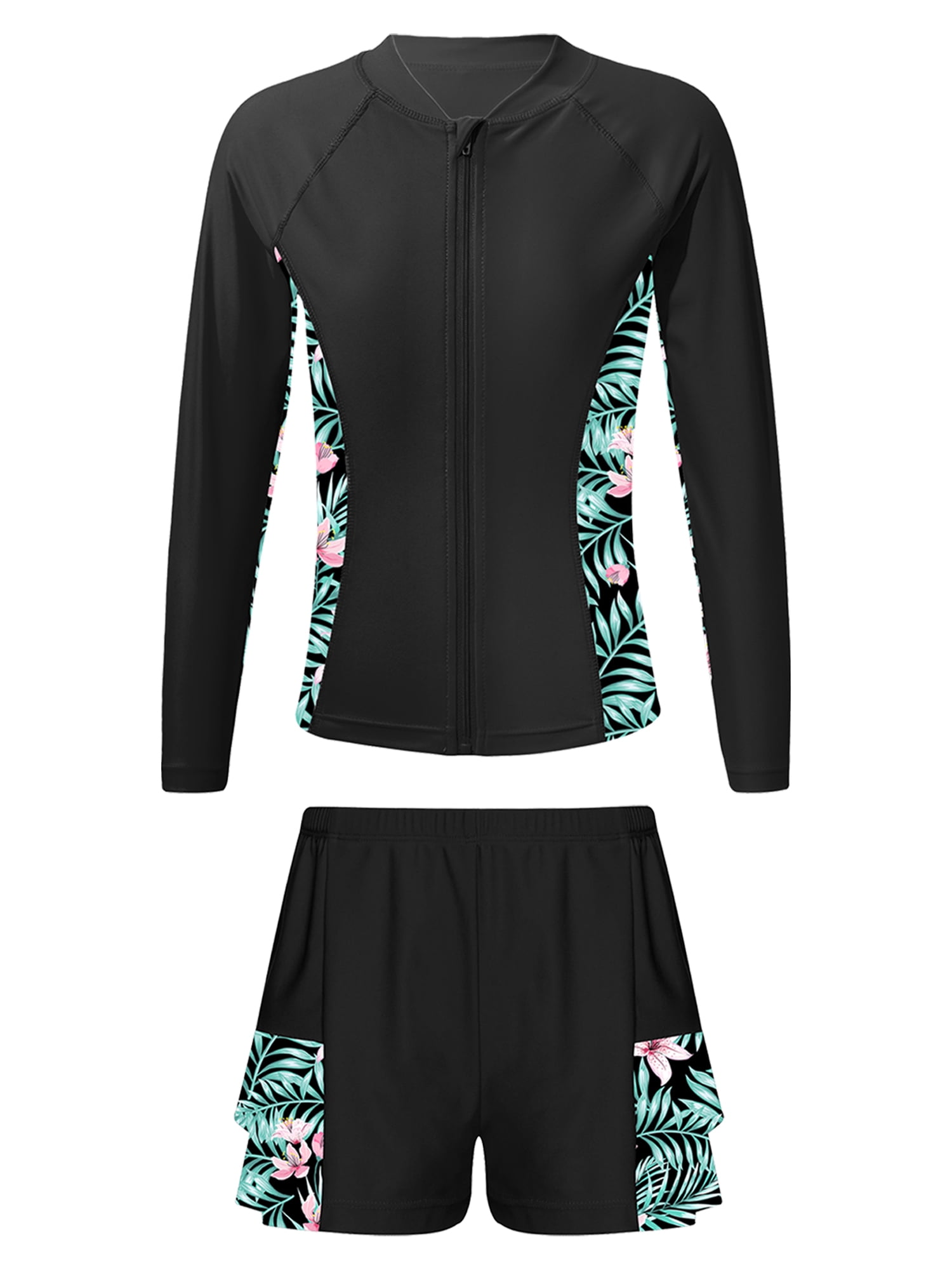 iixpin 2 Pcs Rash Guard Sets for Big Girls Floral Zip Up Upf 50+ Swim ...