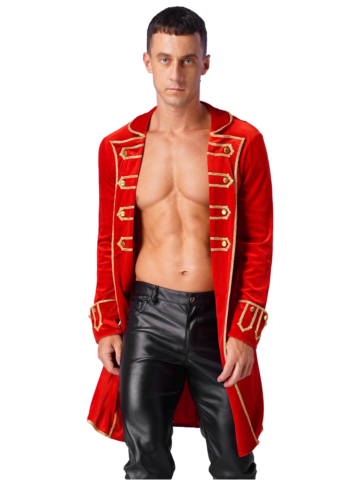 Iixpin Mens Circus Ringmaster Jacket Gold Trims Velvet Long Coat