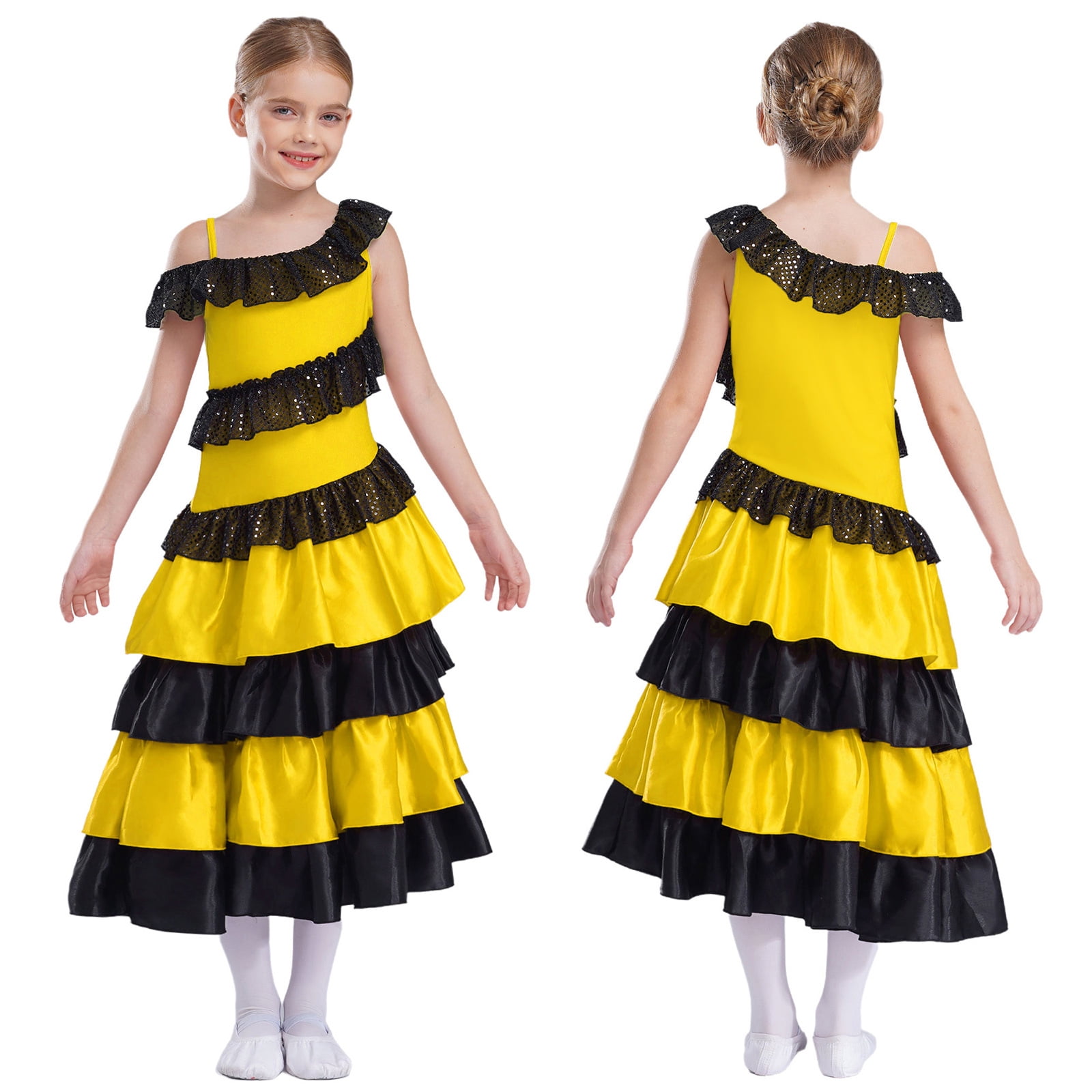 iixpin Child Girls Ruffles Layers Spanish Flamenco Skirt Lyrical Ball ...