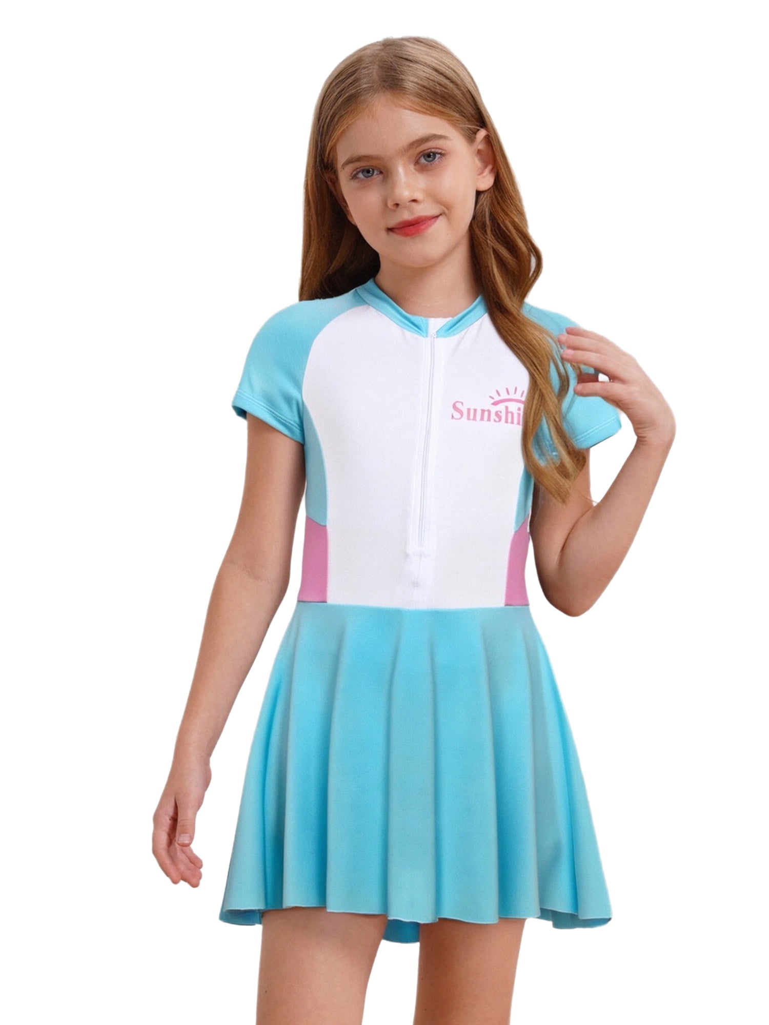 iixpin Girls Athletic Swimsuit Short Sleeve Chest Pad Swimwear Sun ...