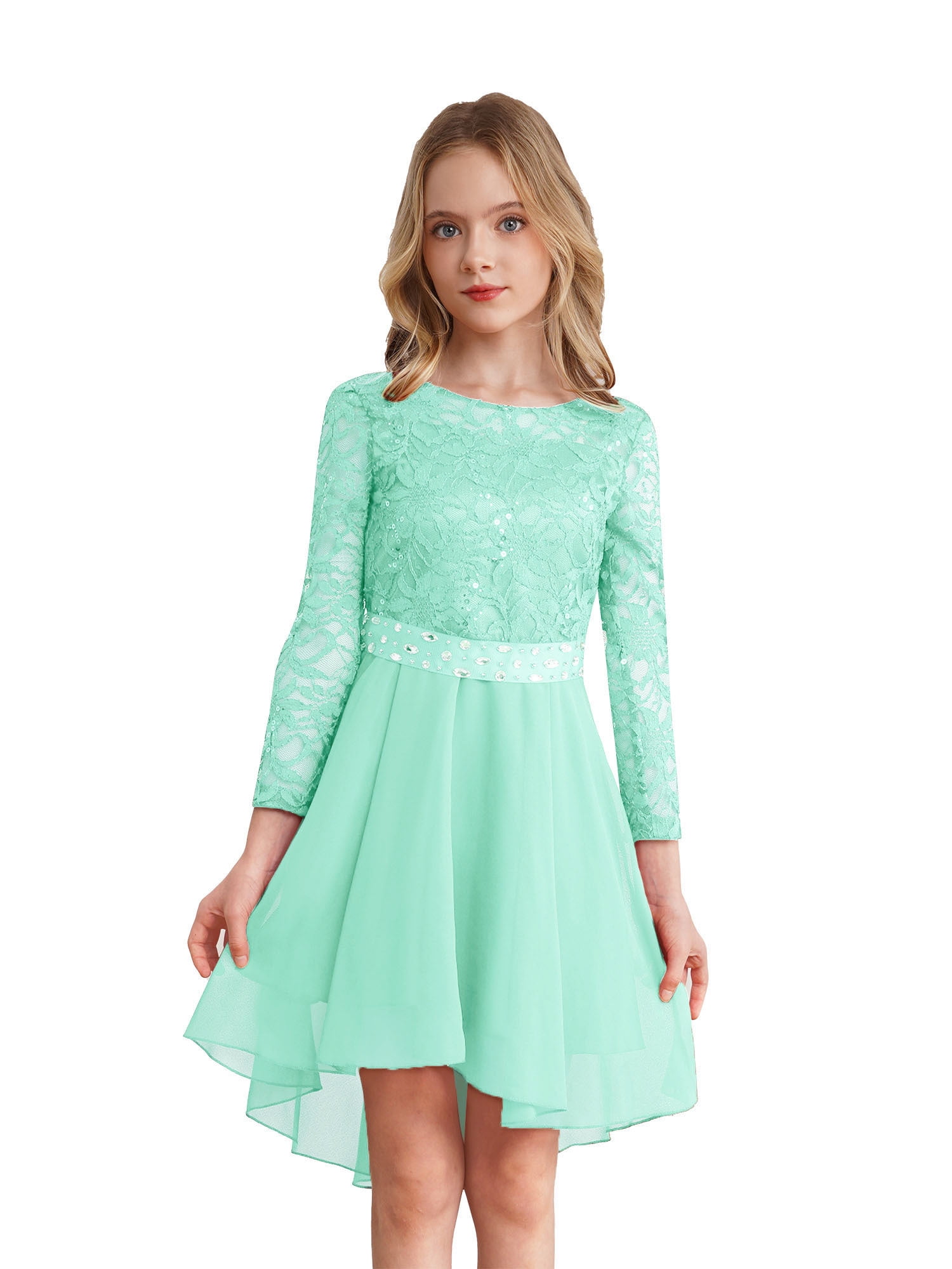 iixpin Girls Elegant Lace Flower Girl High Low Dress Kids Long Sleeve ...