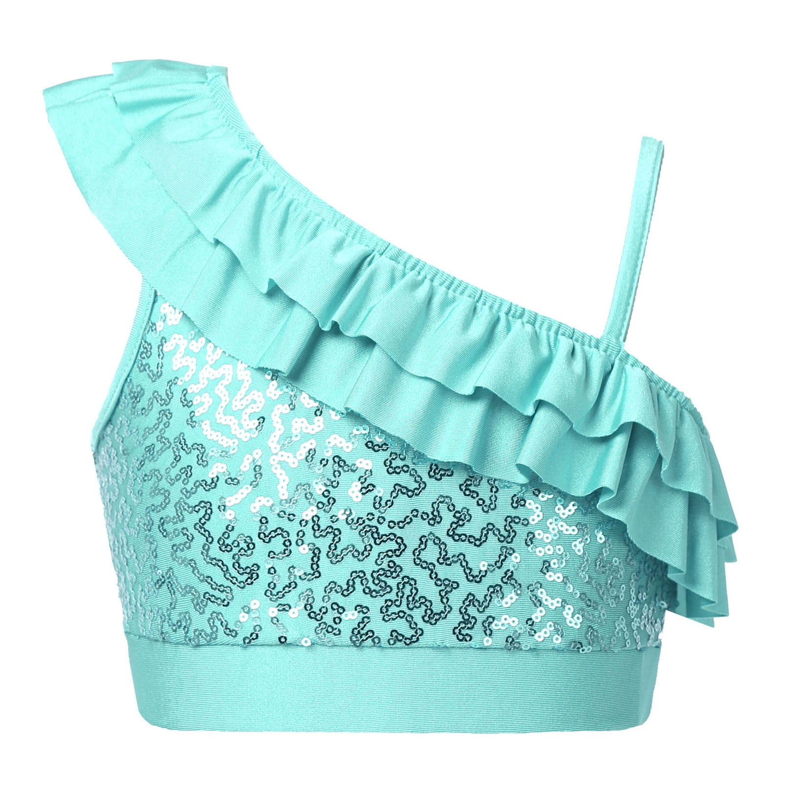 iixpin Girls Sequin Ruffled One Shoulder Ballet Dance Crop Tops Jazz ...