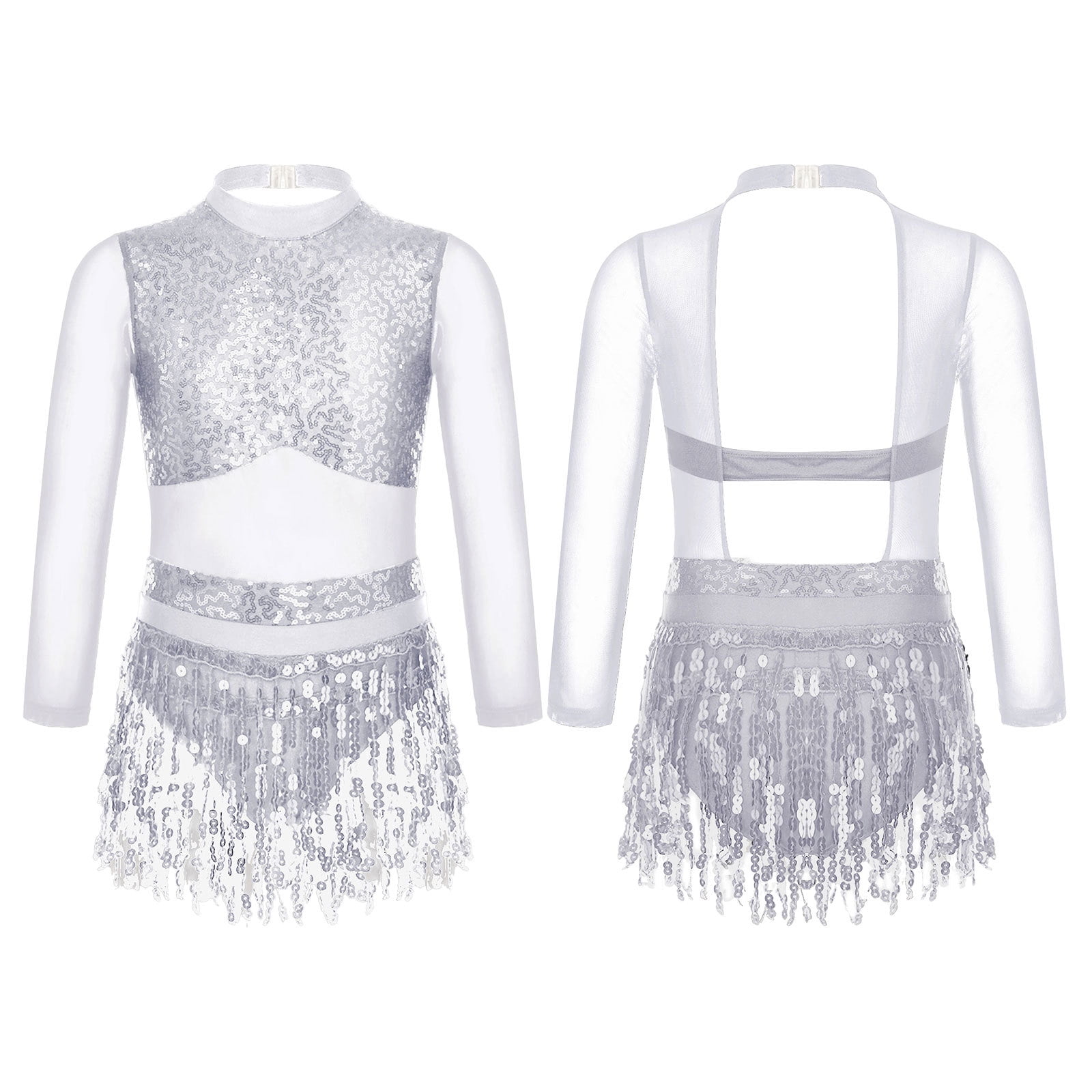 iixpin Girls Sequins Tassel Dance Dress Latin Salsa Ballroom Costumes ...