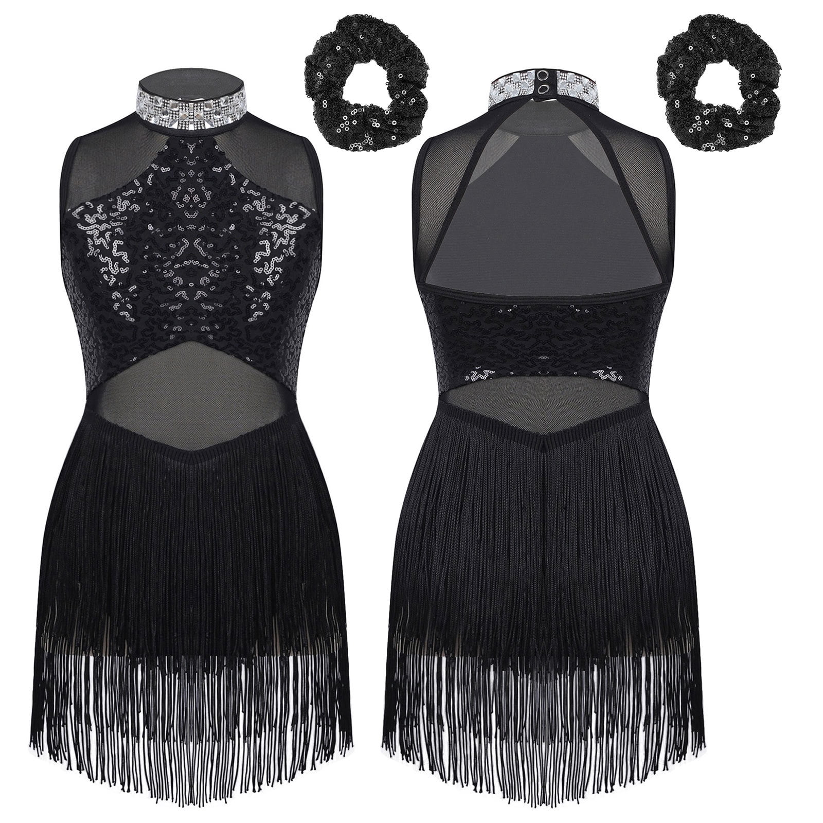 iixpin Girls Sequins Tassel Hem Dance Leotard Jazz Latin Tap Dance ...