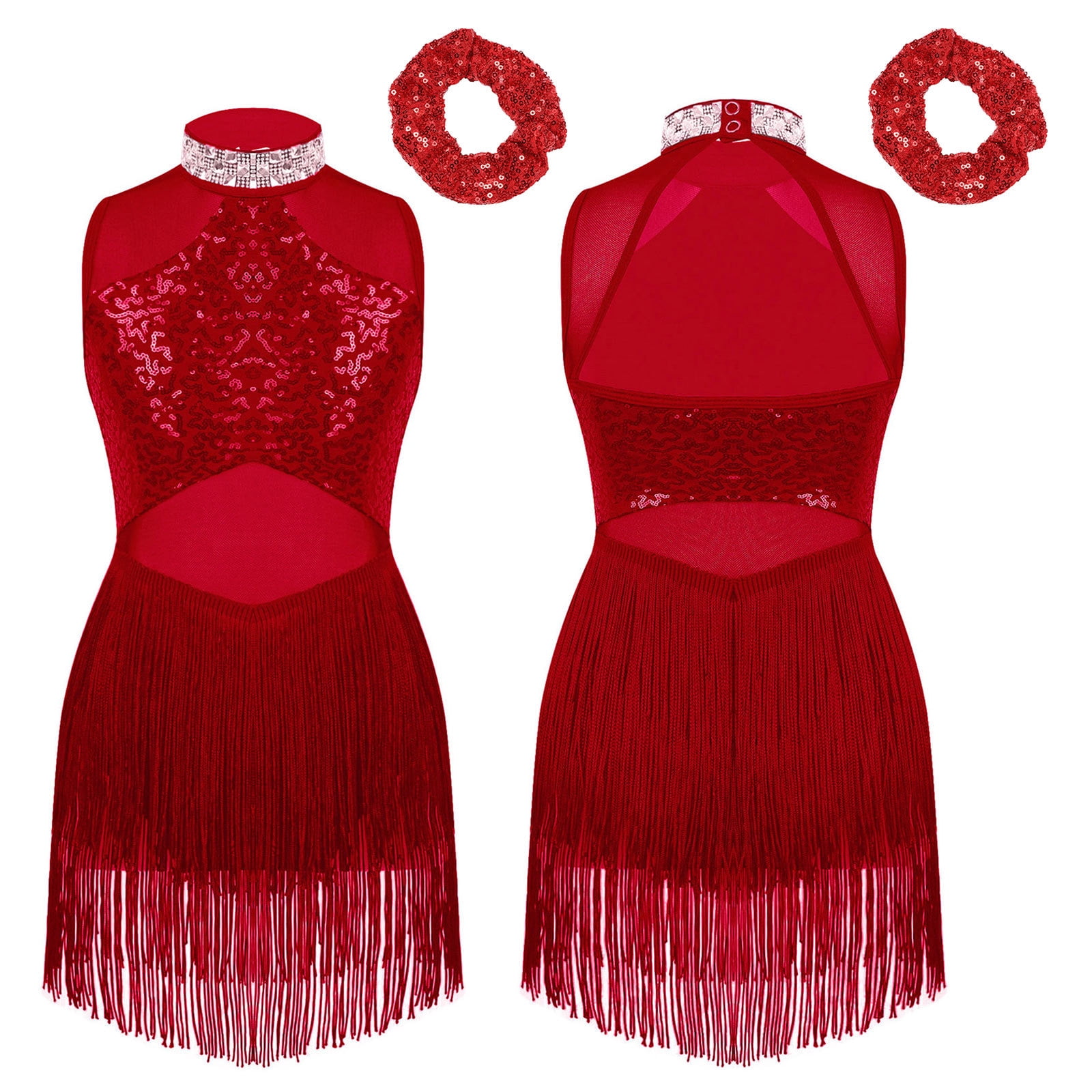 iixpin Girls Sequins Tassel Hem Dance Leotard Jazz Latin Tap Dance ...