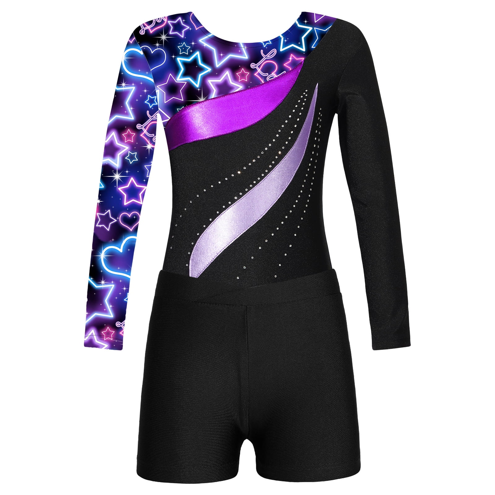 iixpin Girls Sparkle Ballet Dance Unitard Biketard with Gymnastic Shorts Long Sleeve Leotards ...
