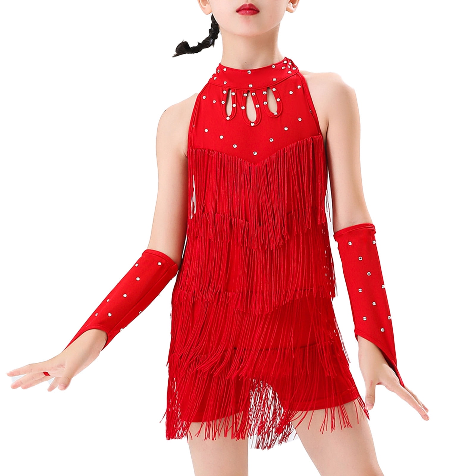 iixpin Girls Tassel Latin Dance Dress with Gloves Salsa Tango Ballroom ...