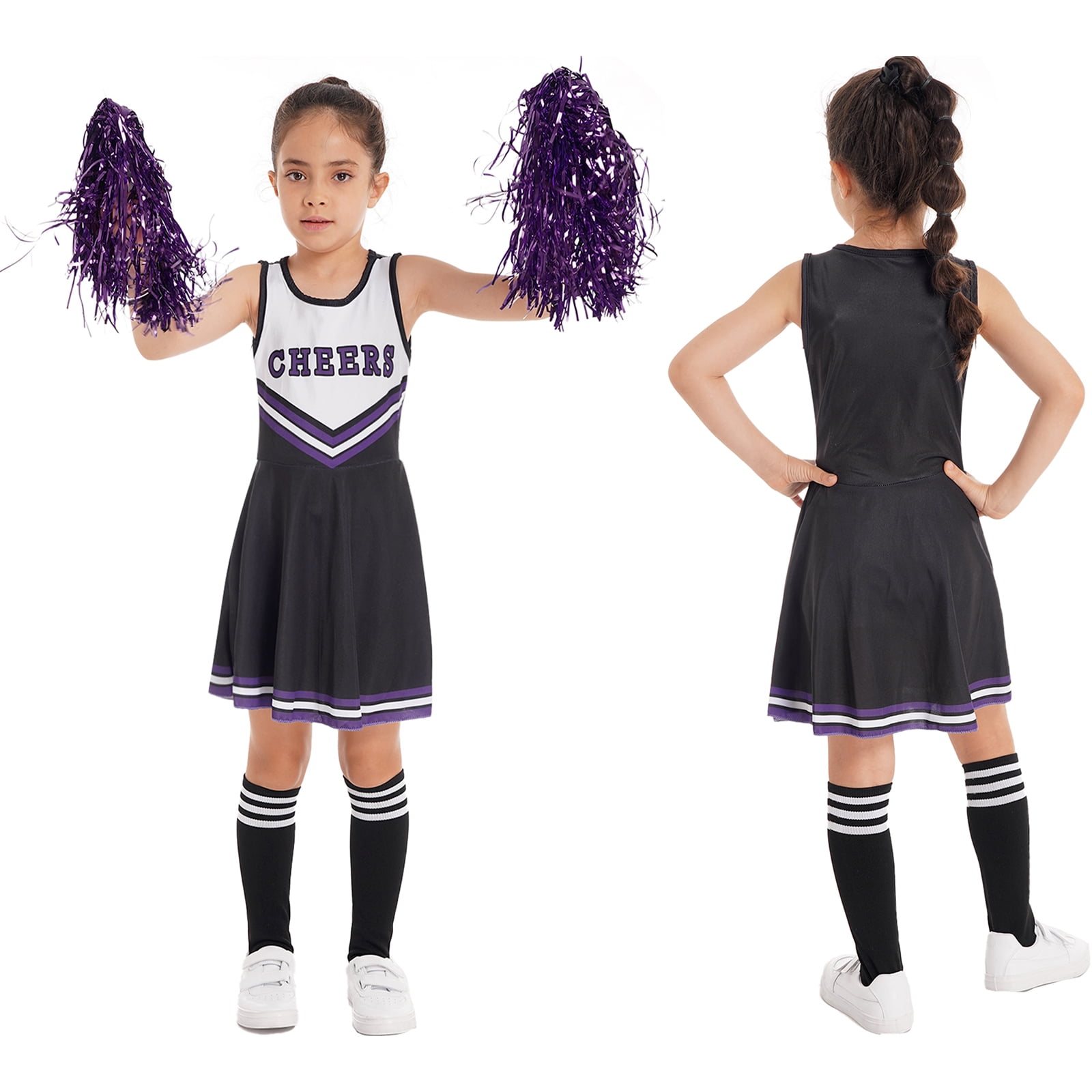 iixpin Kids Girls Cheer Leader Costume Cheerleading Uniform Outfit with Stockings Pom Pom Dance ...