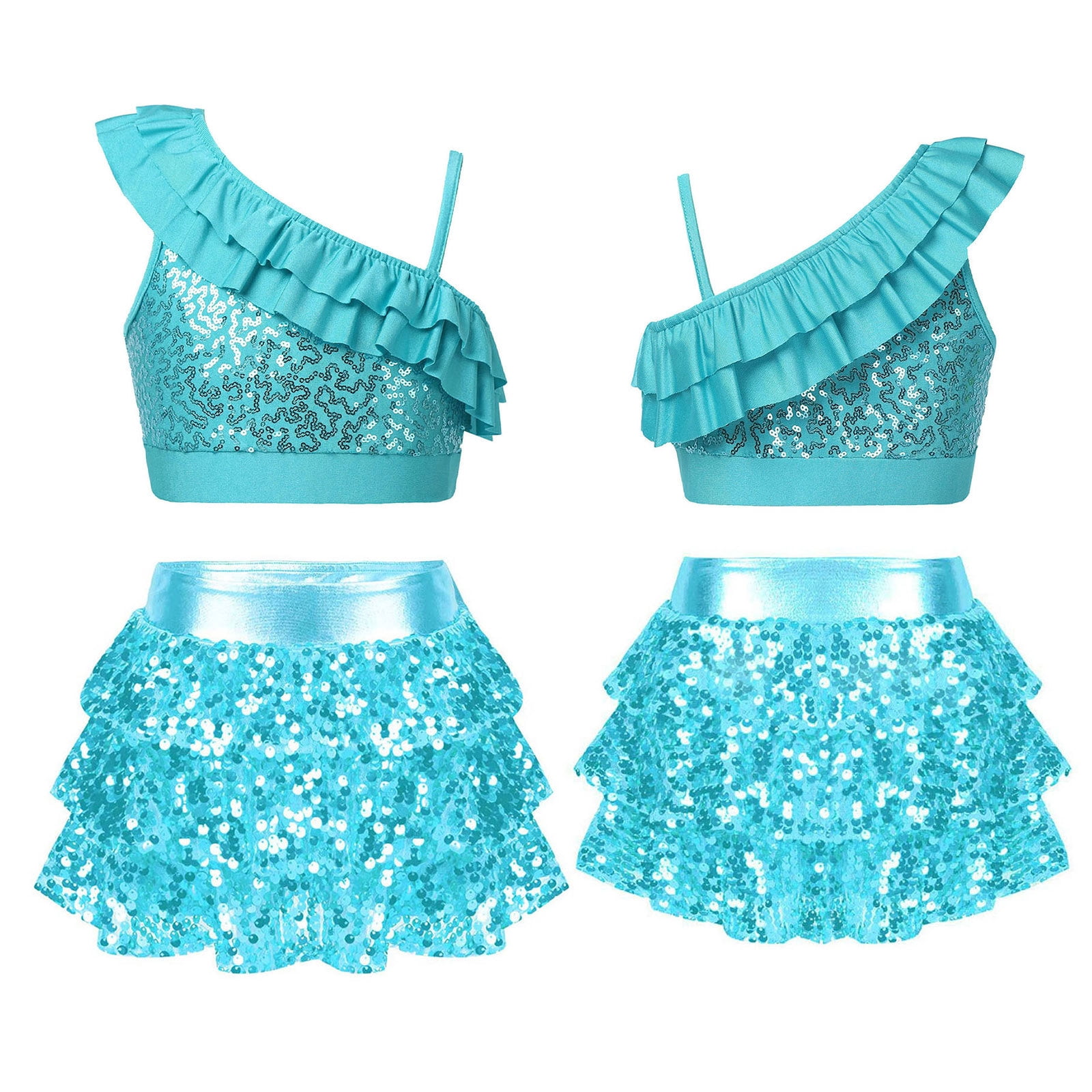 iixpin Kids Girls Gymnastic Dance Outfits Sequins Asymmetrical Shoulder ...