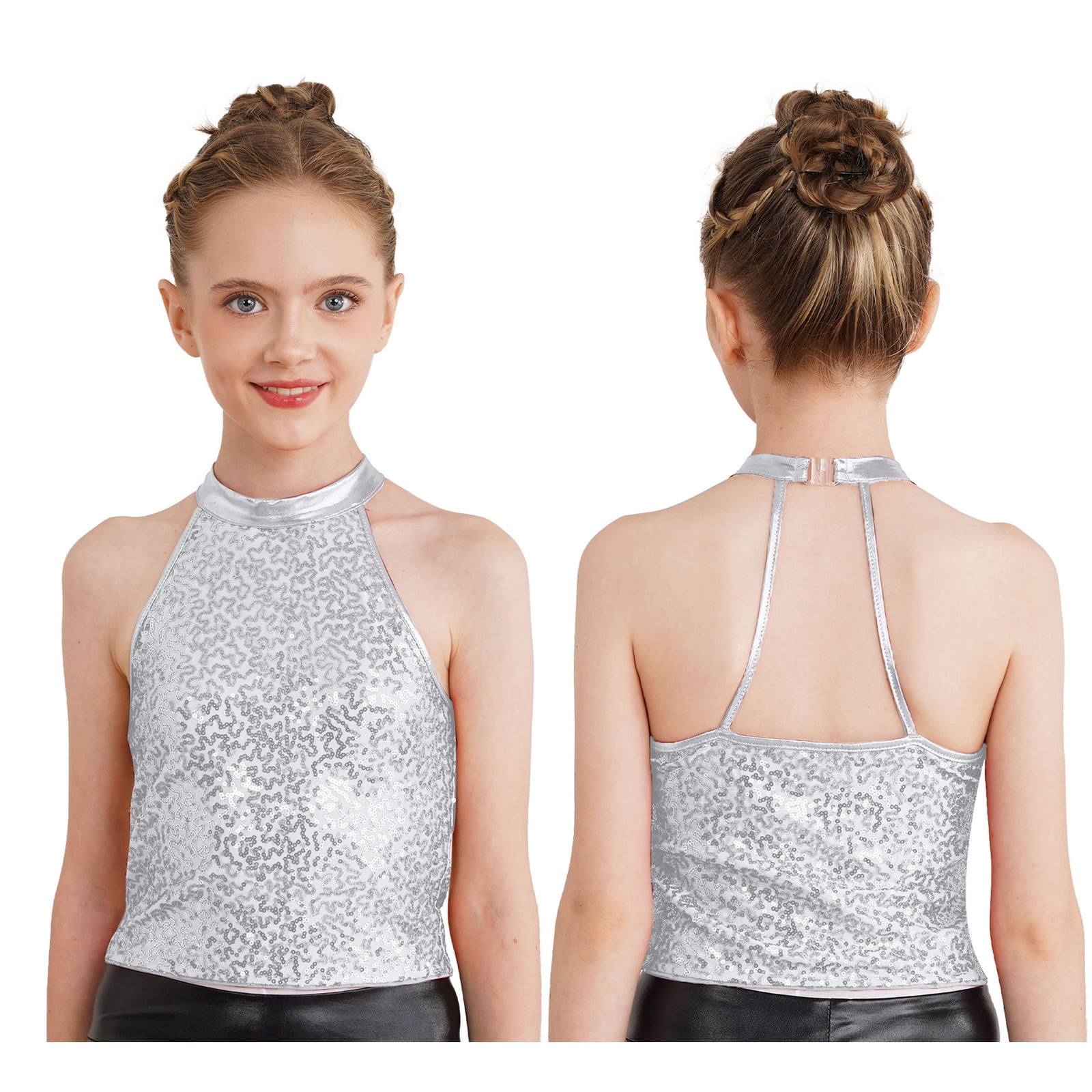 iixpin Kids Girls Halter Neck Sequin Crop Tops Modern Jazz Hip Hop ...