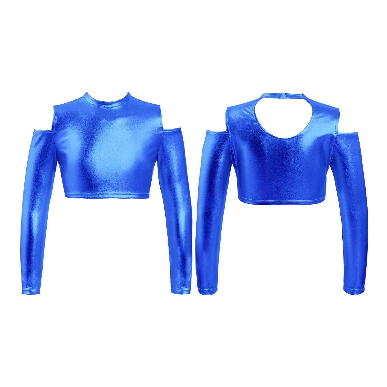 iixpin Kids Girls Long Sleeves Athletic Shiny Metallic Dance Crop Top ...