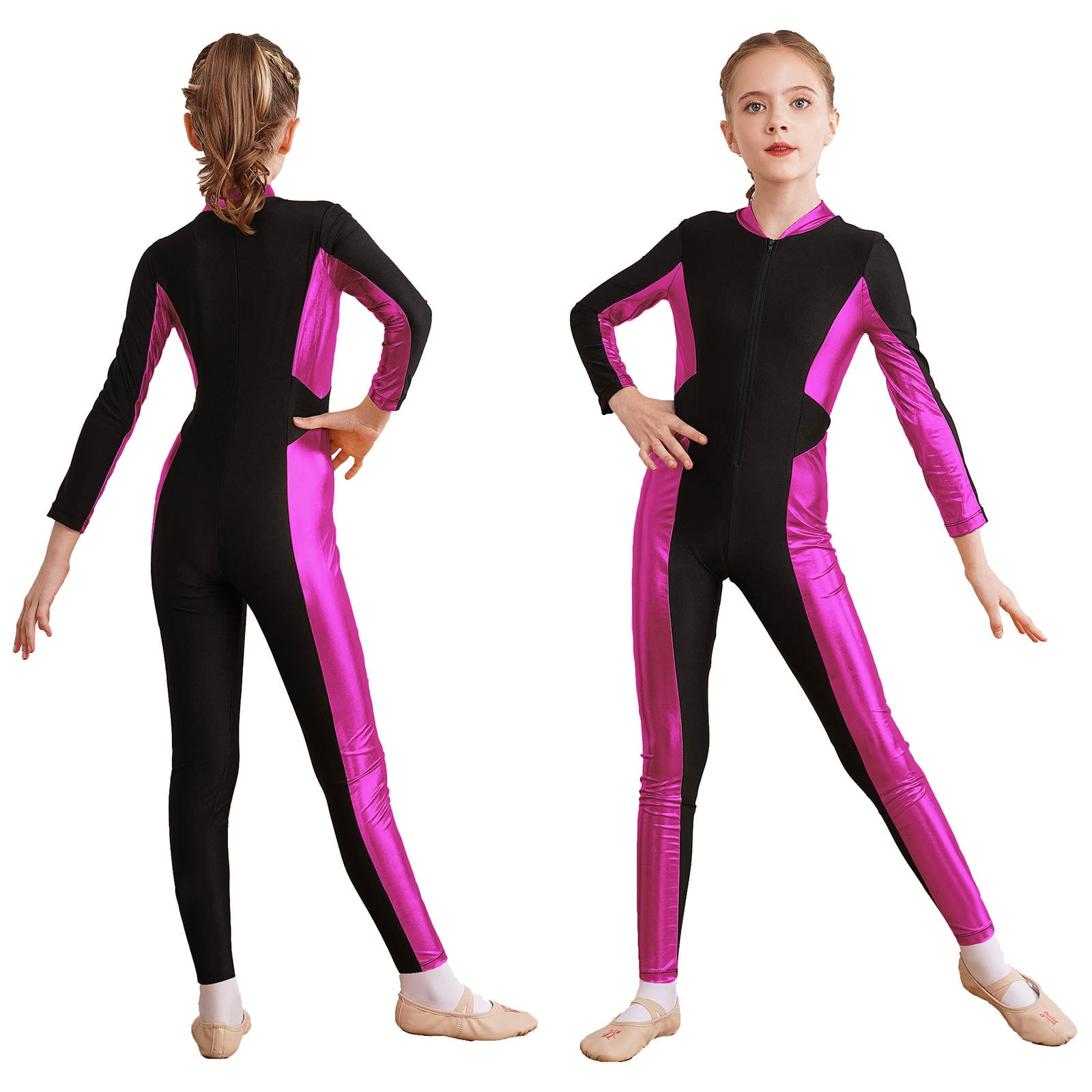 iixpin Kids Girls Metallic Color Block Jumpsuit Long Sleeve Zipper ...