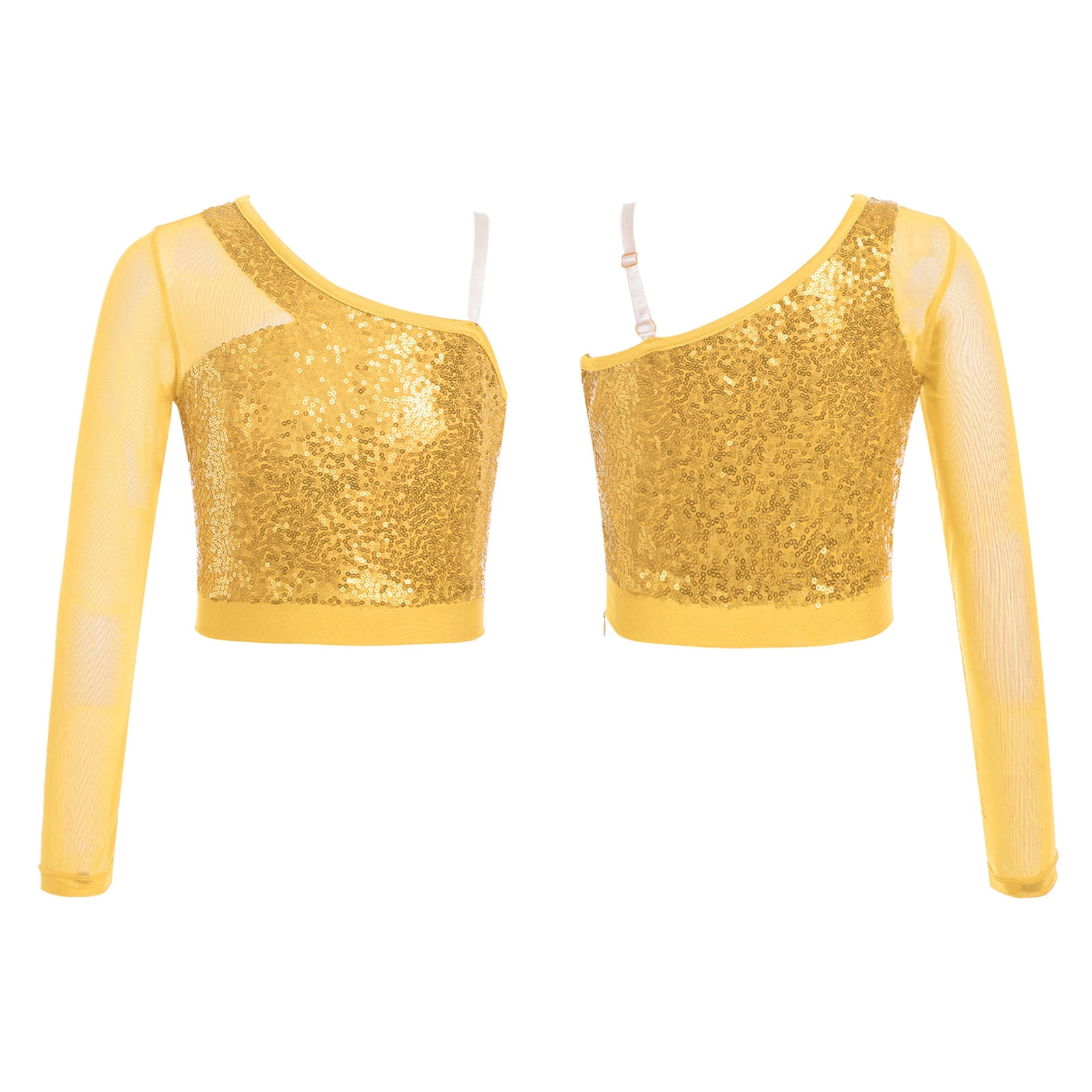 iixpin Kids Girls One Shoulder Long Sleeve Sequins Crop Top Athletic ...