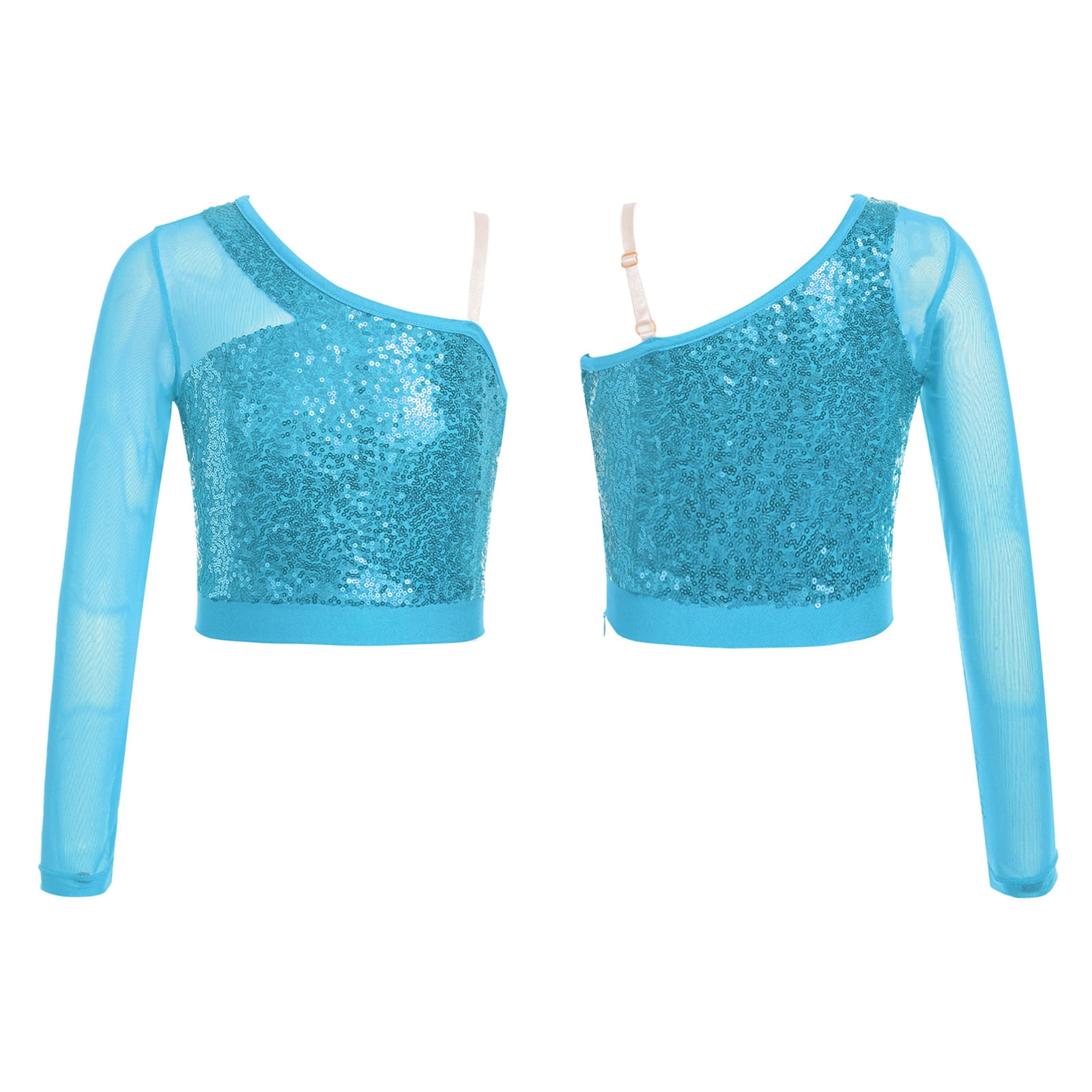 iixpin Kids Girls One Shoulder Long Sleeve Sequins Crop Top Athletic ...