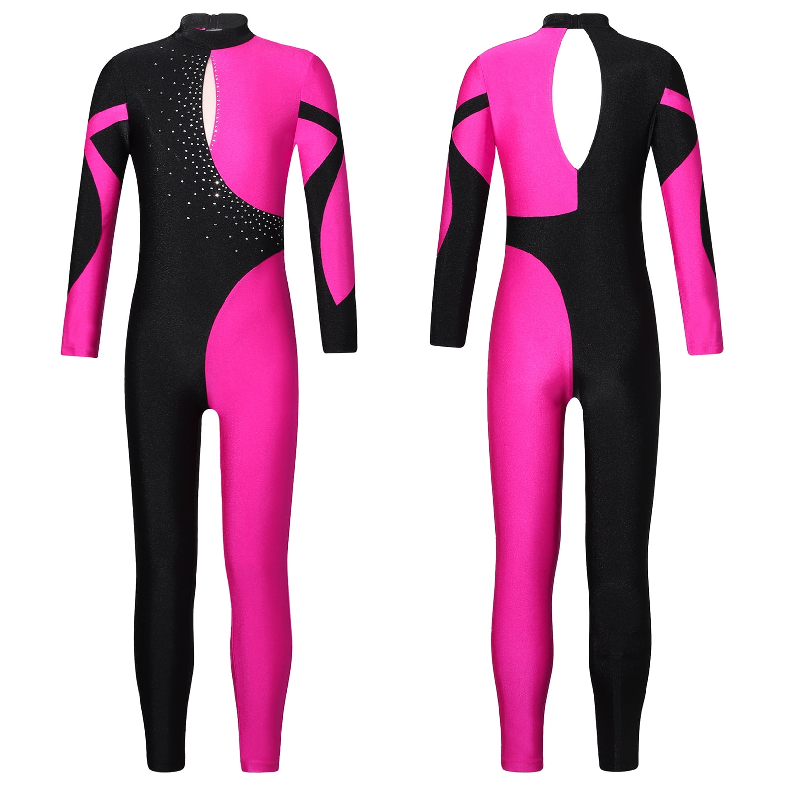 iixpin Kids Girls Rhinestone Dance Unitard Long Sleeve Skating Jumpsuit ...