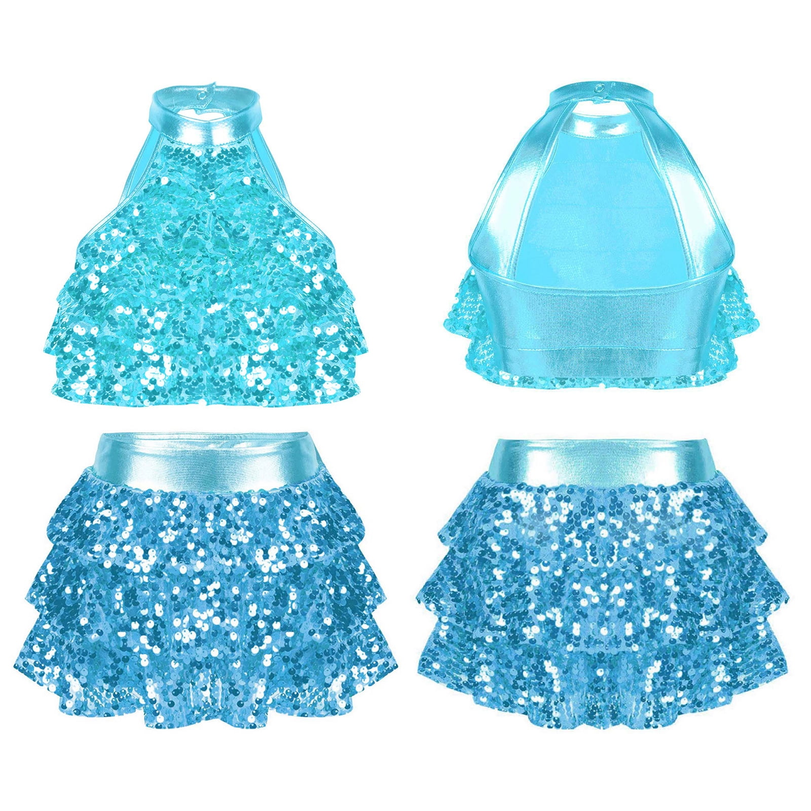 iixpin Kids Girls Sequined 2 Piece Dance Outfit Set Metallic Crop Top ...