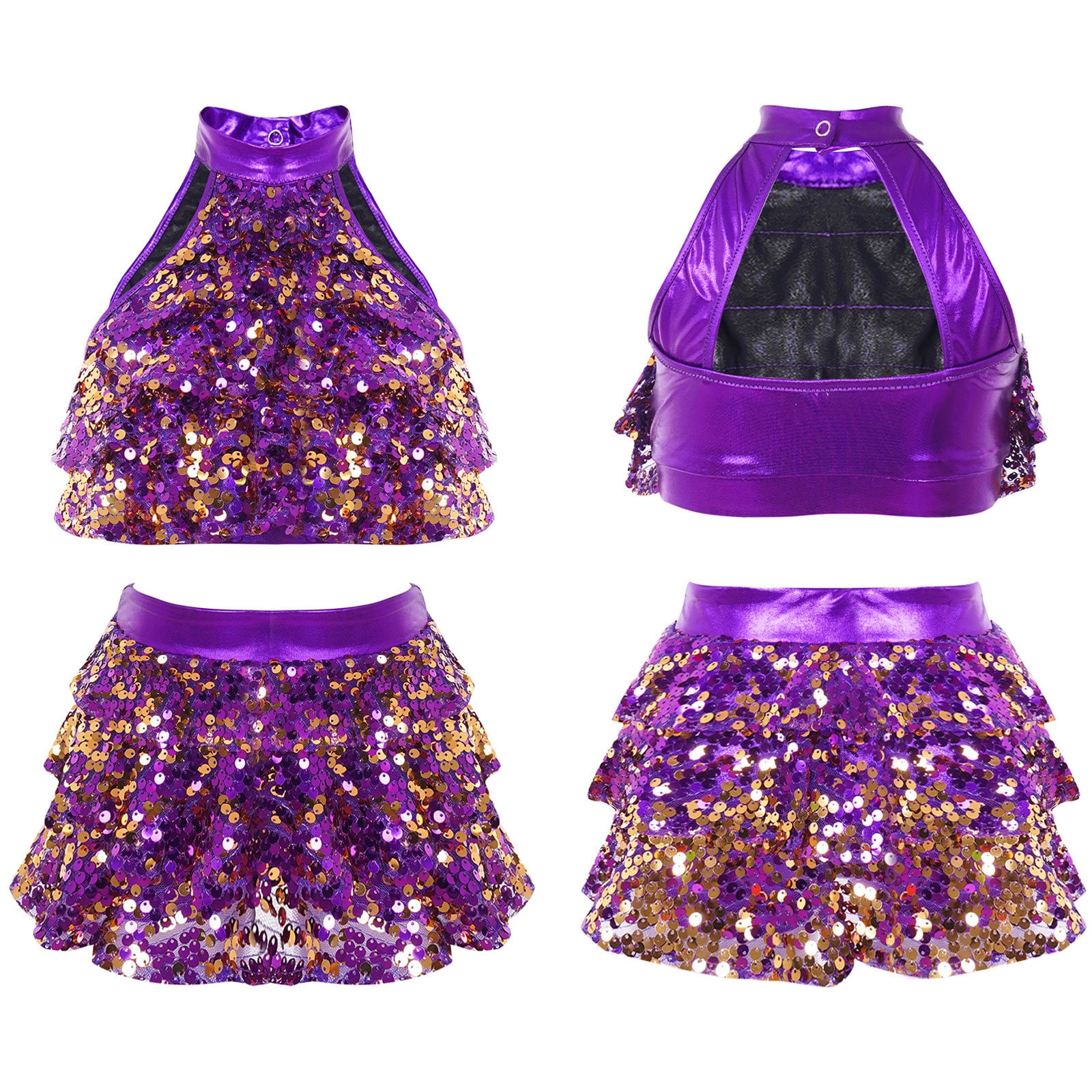 iixpin Kids Girls Sequined 2 Piece Dance Outfit Set Metallic Crop Top ...