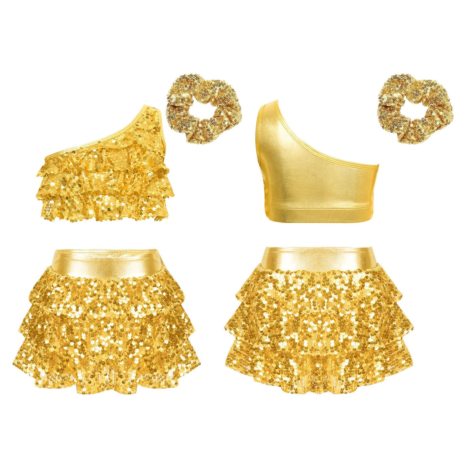 iixpin Kids Girls Shiny Crop Tops with Skirts Hair Band Dance Outfit ...