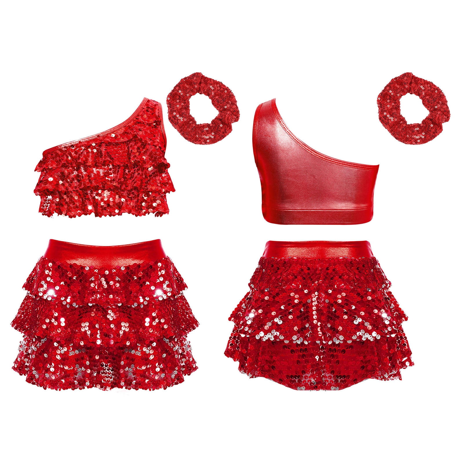 iixpin Kids Girls Shiny Crop Tops with Skirts Hair Band Dance Outfit ...