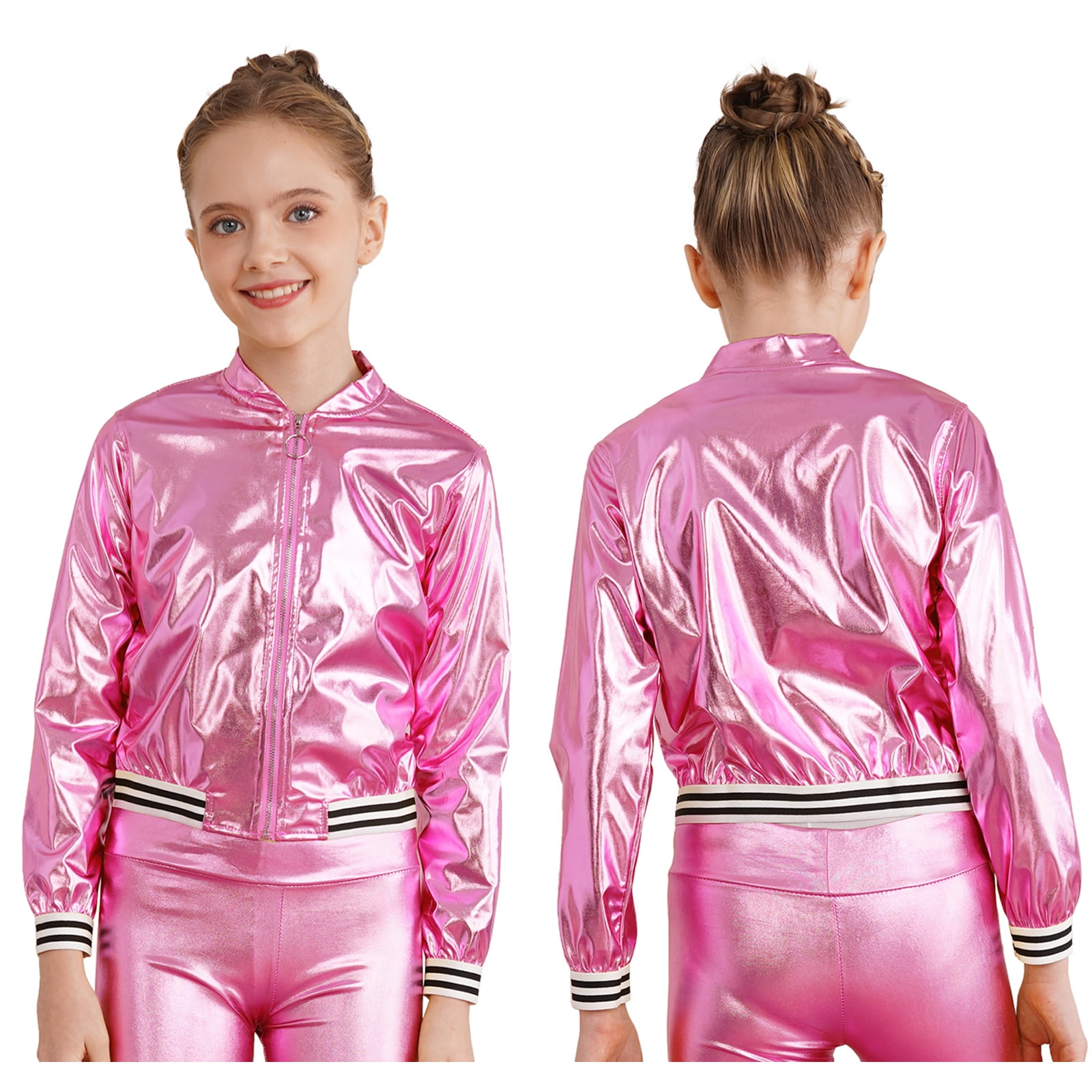 iixpin Kids Girls Shiny Metallic Baseball Jacket Long Sleeve Sparkle ...