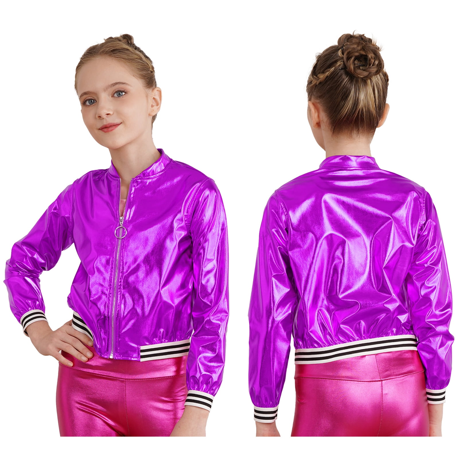 iixpin Kids Girls Shiny Metallic Baseball Jacket Long Sleeve Sparkle ...