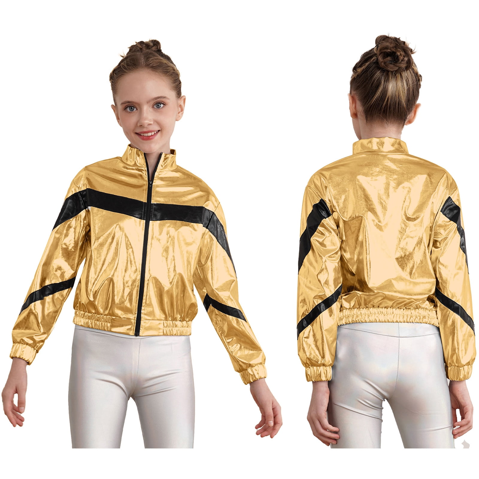 iixpin Kids Girls Shiny Metallic Bomber Jacket Long Sleeve Zipper Coat ...