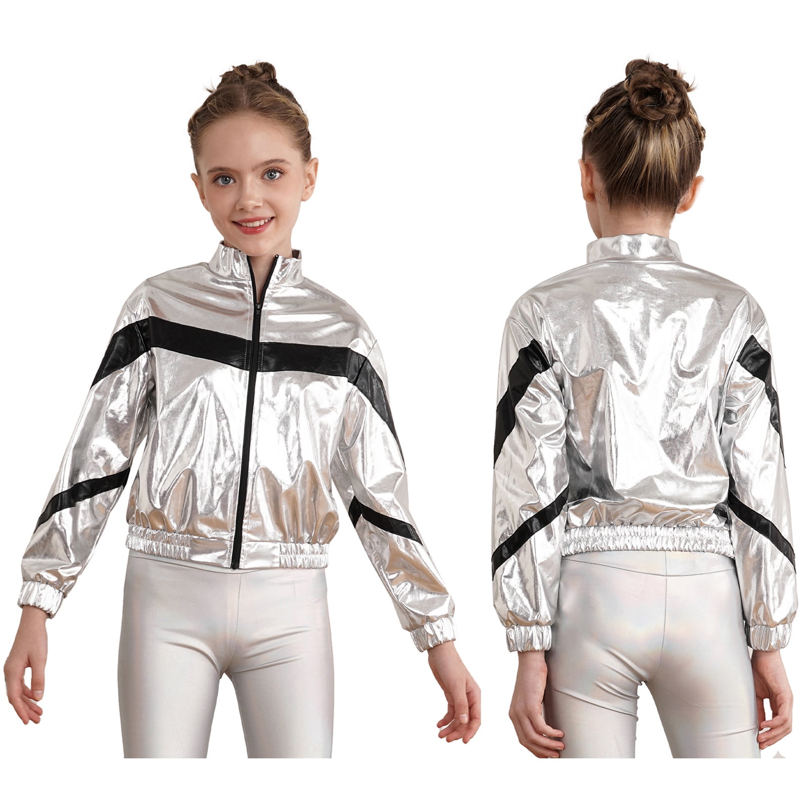 iixpin Kids Girls Shiny Metallic Bomber Jacket Long Sleeve Zipper Coat ...
