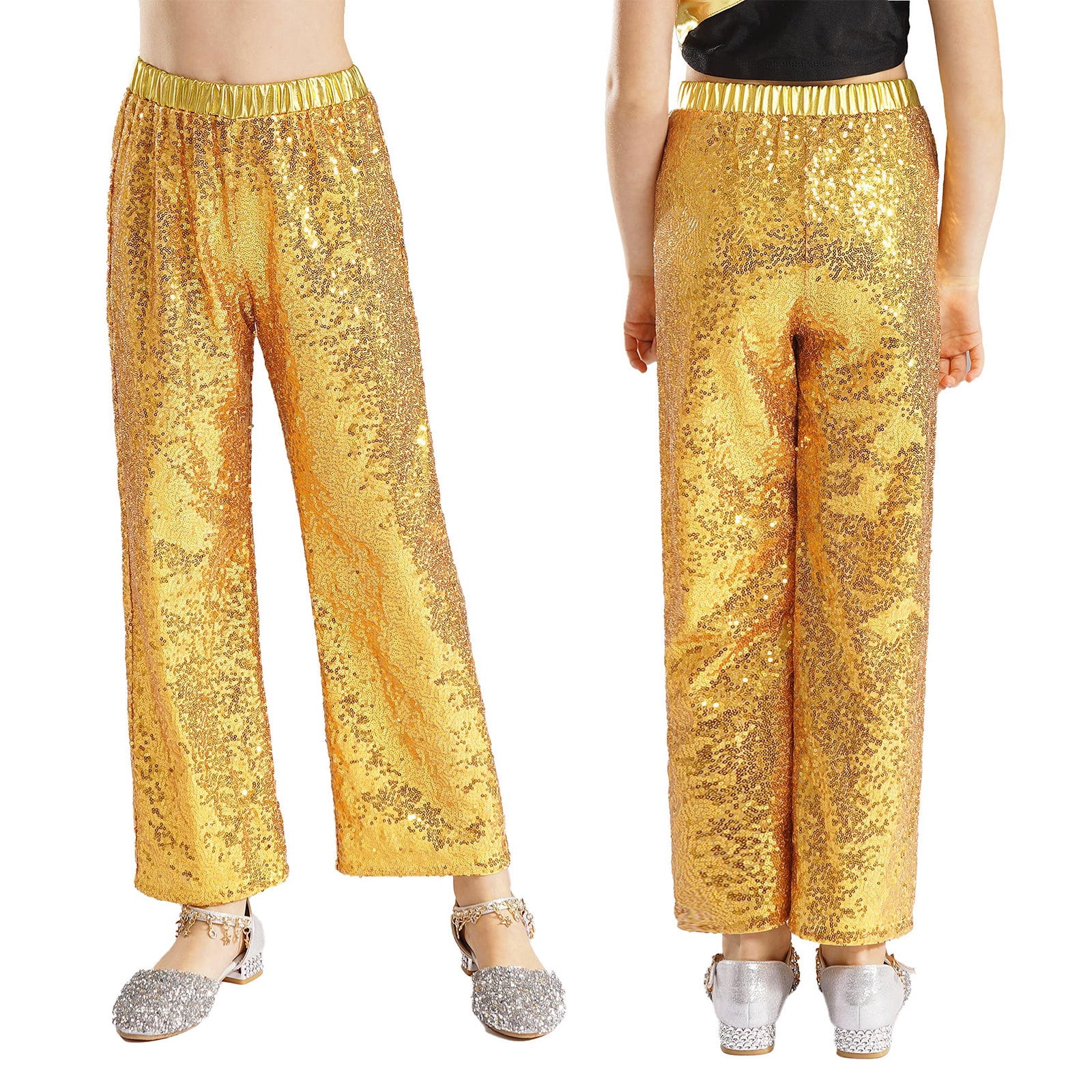 iixpin Kids Girls Shiny Sequin Jazz Dance Pants Disco Party Flared ...