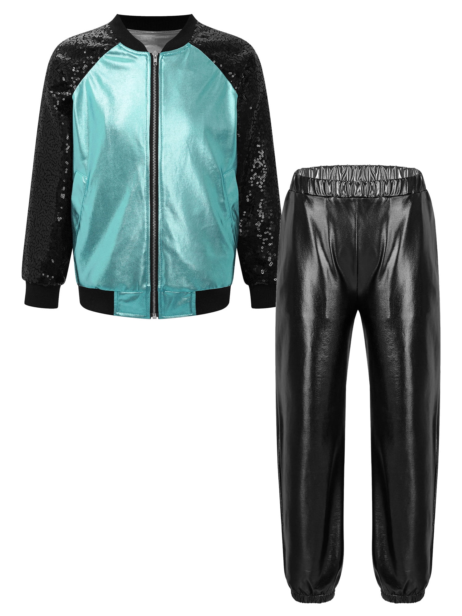 iixpin Kids Girls Shiny Street Dance Costume Zipper Metallic Bomber ...