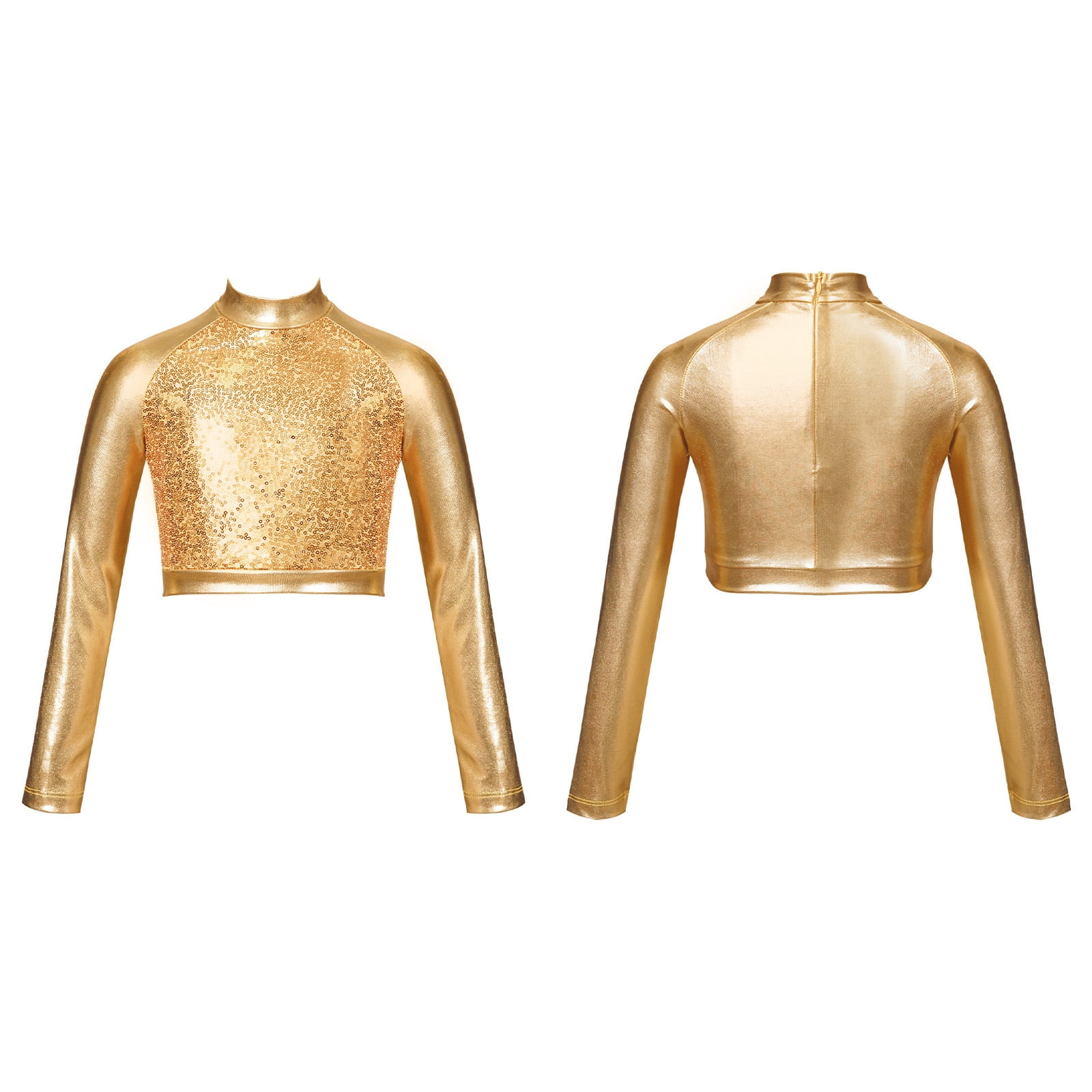 iixpin Kids Girls Sparkly Sequin Metallic Dance Crop Top Long Sleeve ...