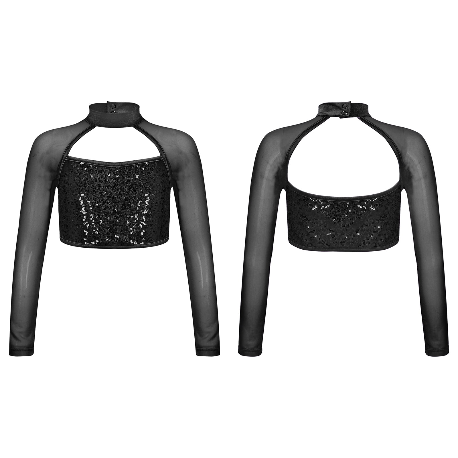 Iixpin Shiny Sequin Crop Top For Girls Long Sleeve Mock Neck Jazz Hip