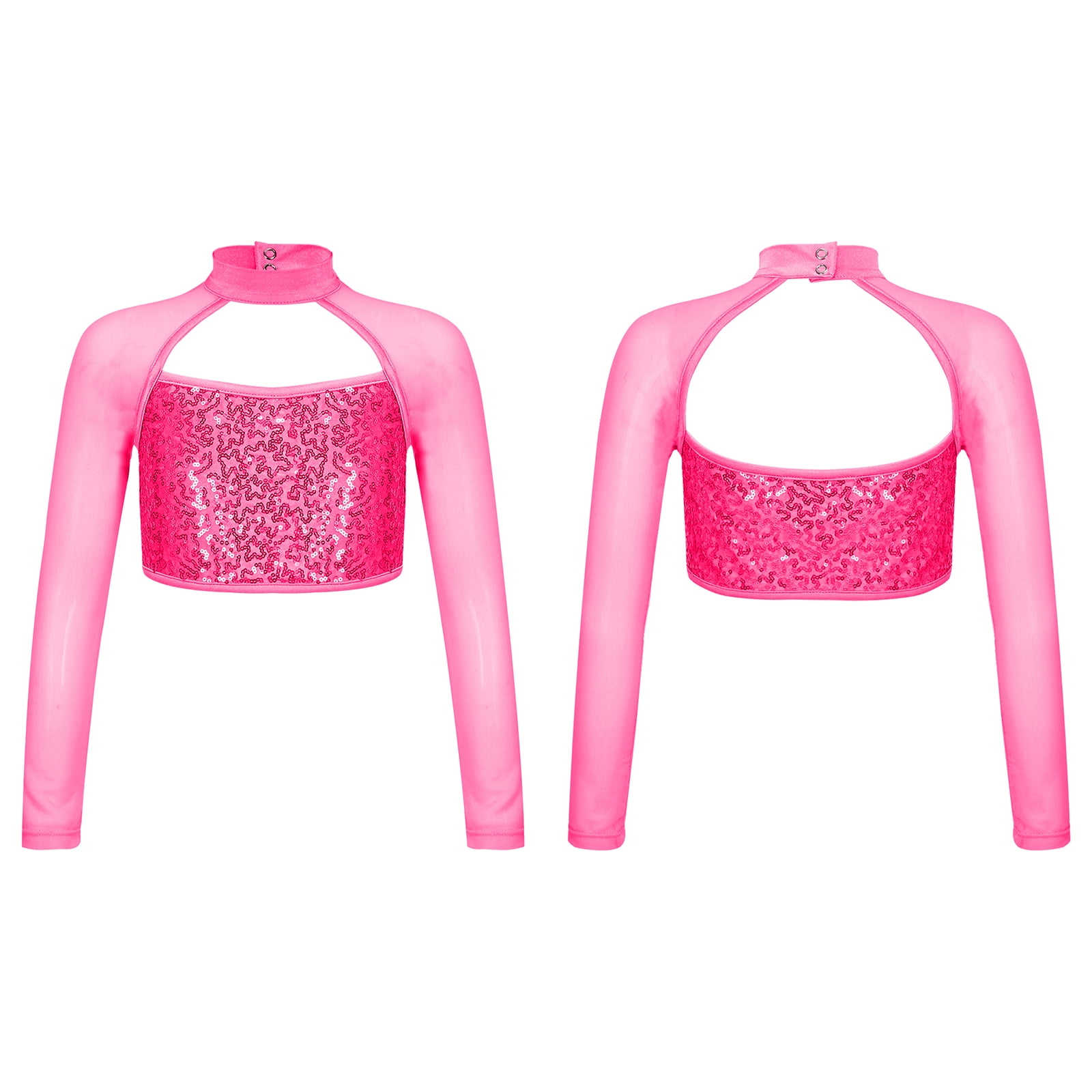 iixpin Shiny Sequin Crop Top for Girls Long Sleeve Mock Neck Jazz Hip Hop Ballet Dance Tops ...